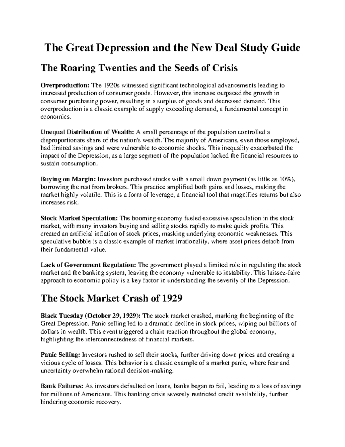 The Great Depression and the New Deal: Economic Crisis Study Guide ...