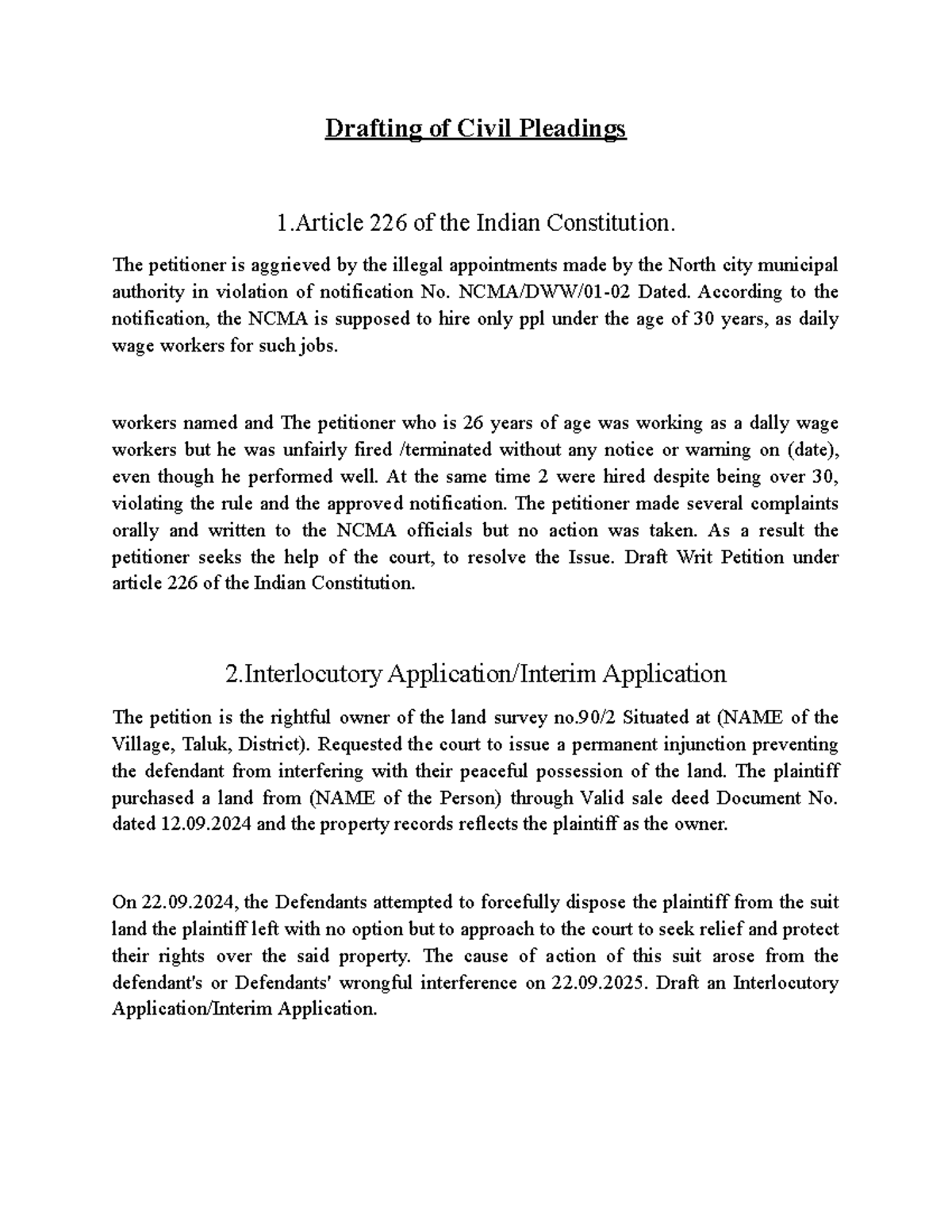 Drafting of Civil Pleadings: Article 226, Interlocutory, Original ...