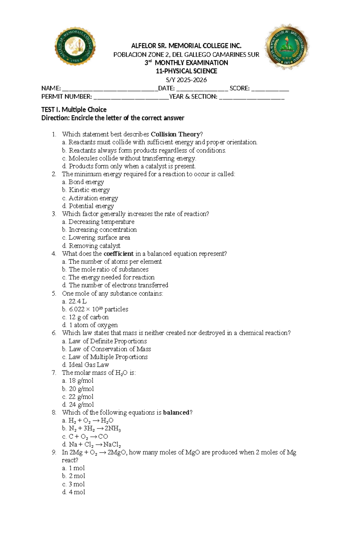 ALFELOR SR. MEMORIAL COLLEGE INC. SCIENCE 3rd MONTHLY EXAMINATION - Studocu