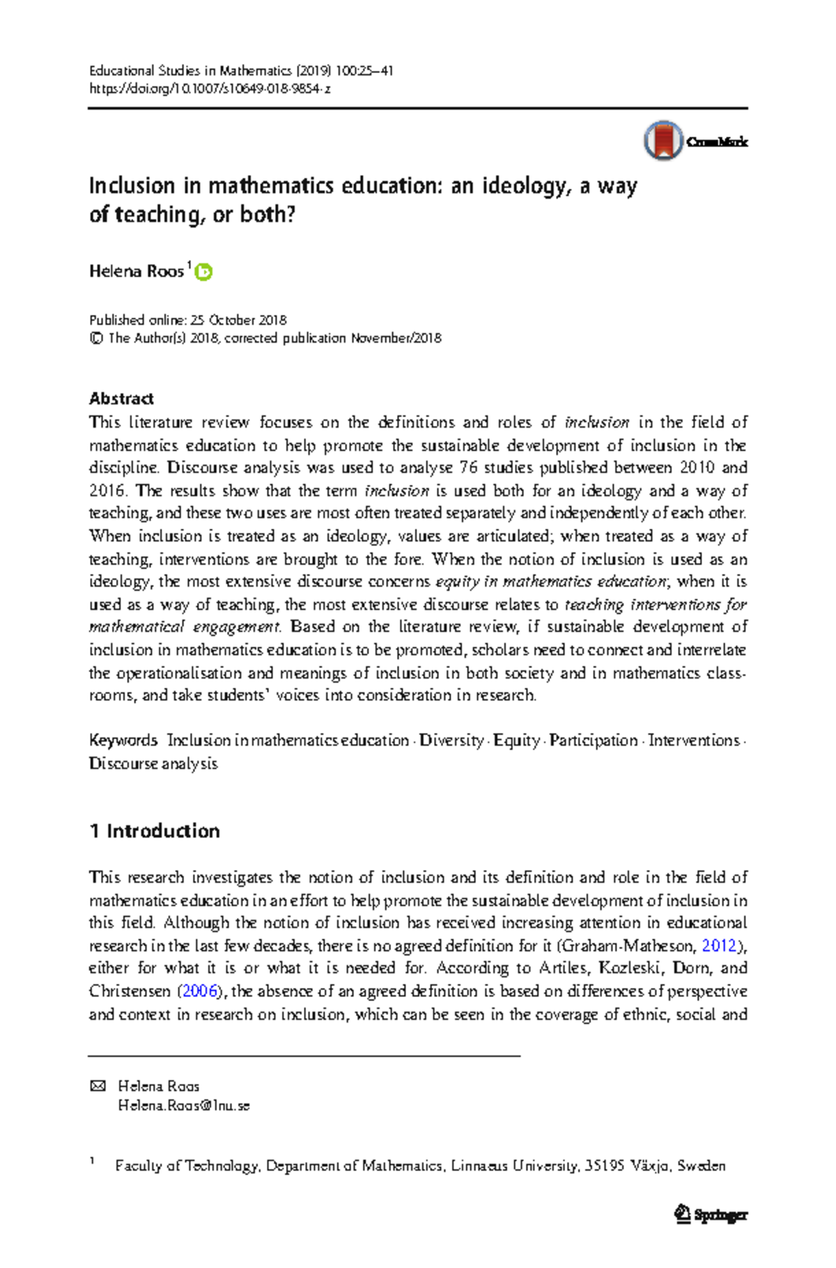 Inclusion in Mathematics Education: Ideologies and Teaching Approaches ...