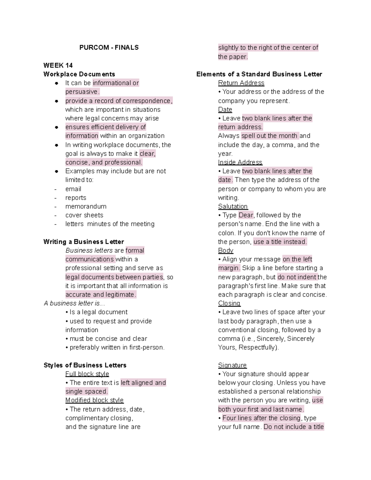 PURCOM FINALS WEEK 14: Writing Effective Workplace Documents - Studocu