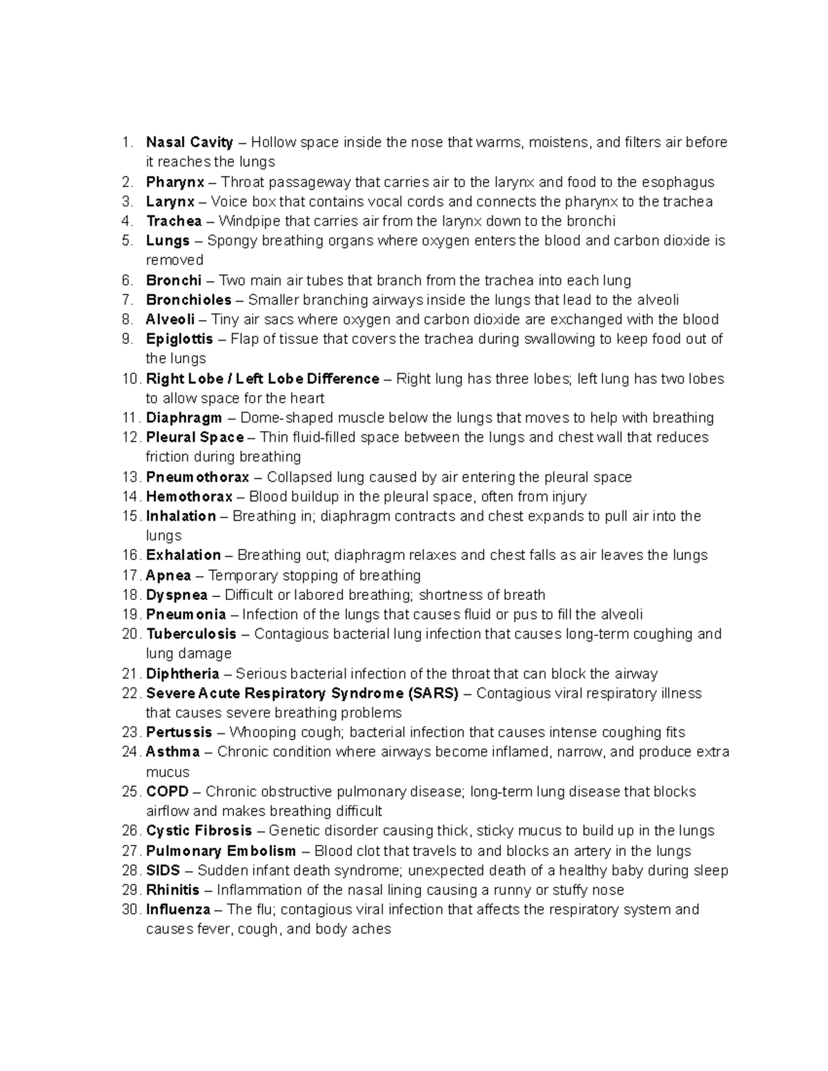 Respiratory System Vocabulary Overview: Key Terms and Definitions - Studocu
