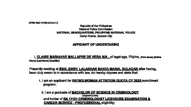 DPRM RSD FORM: Affidavit of Undertaking for Patrolwoman Recruitment ...
