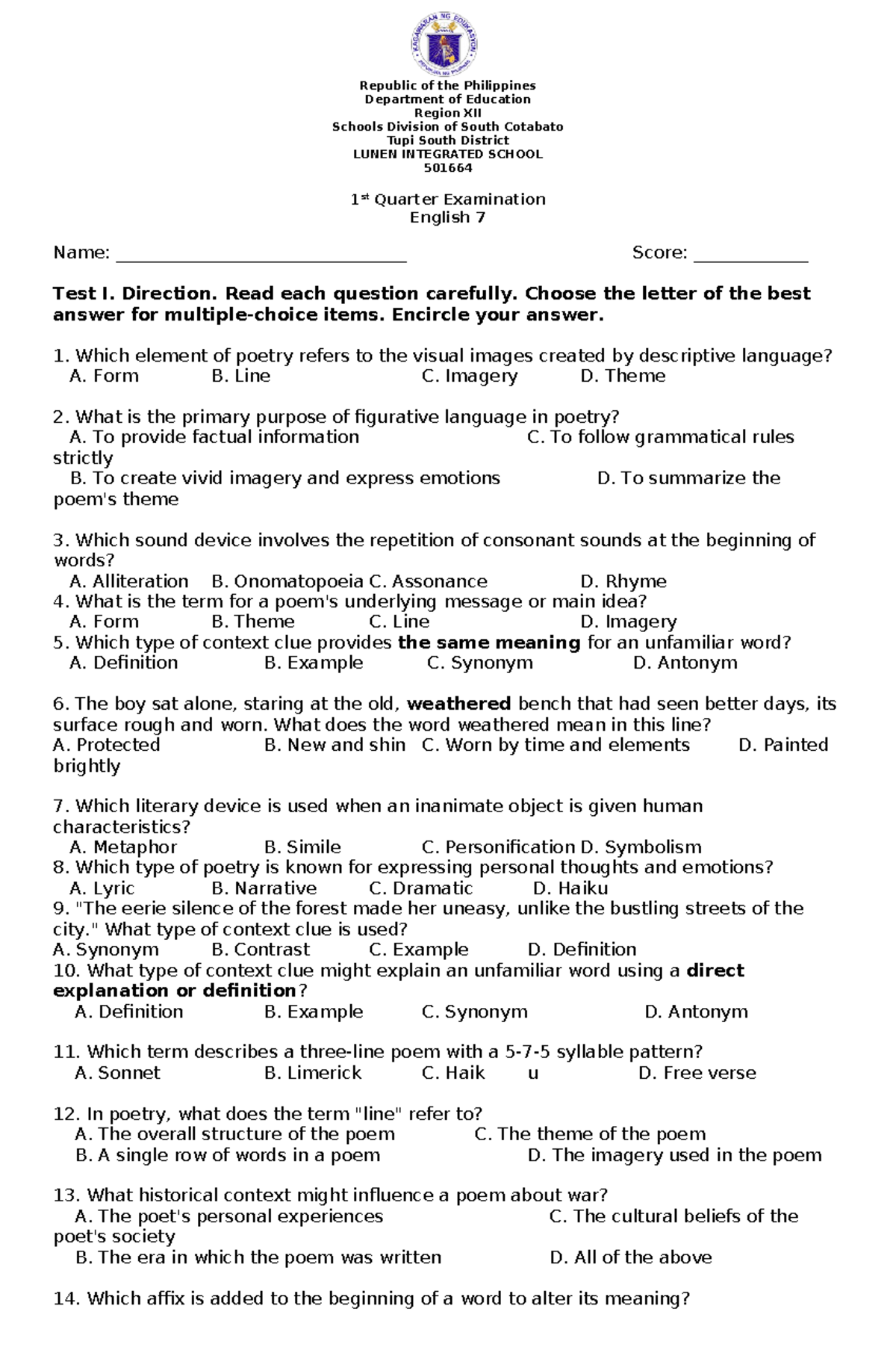 English 7 Summative Test: Poetry Elements and Contexts Exam - Studocu