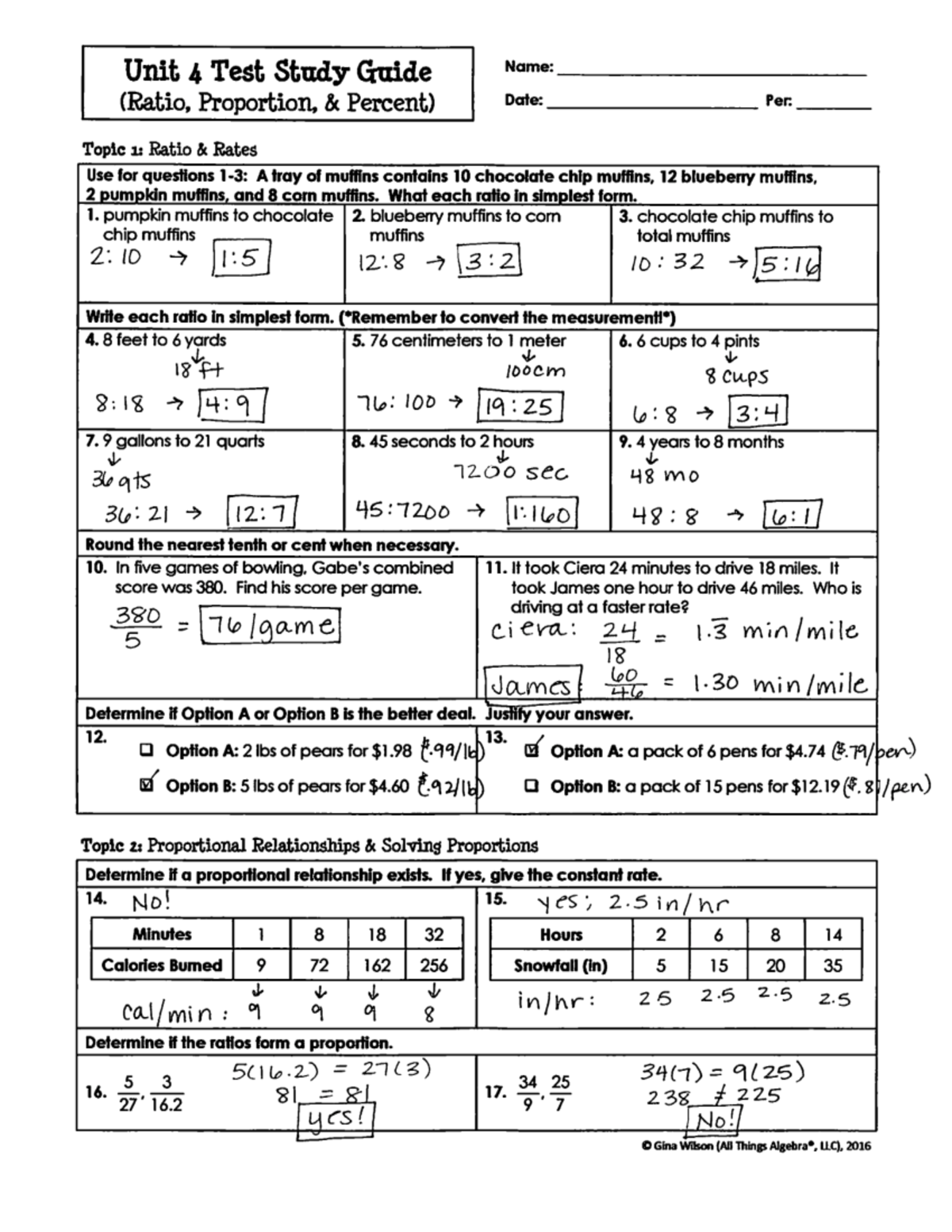 KEY Study Guide Unit 4: Ratios, Proportions & Percents Review - Studocu