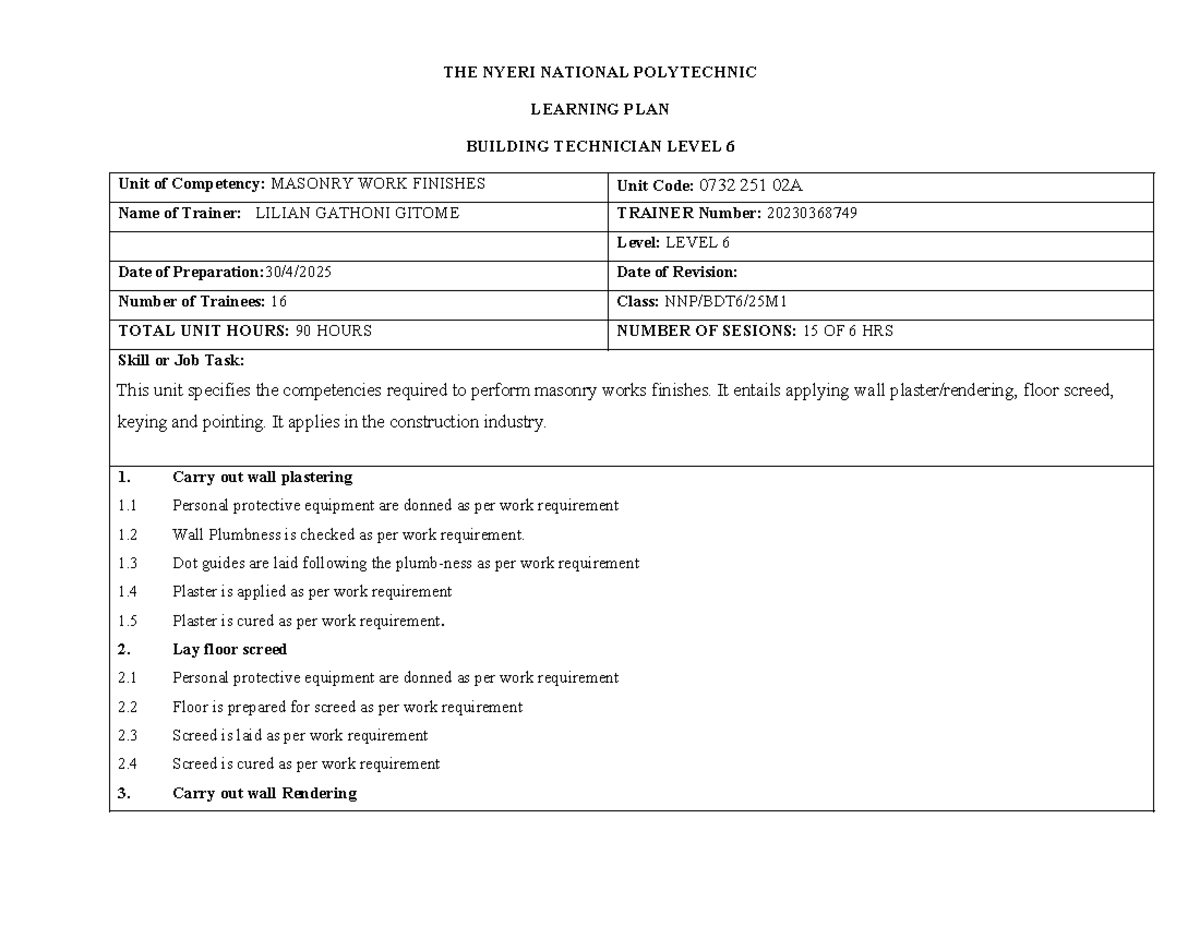 Learning Plan for Masonry Works Finishes BDT625M1 - Studocu
