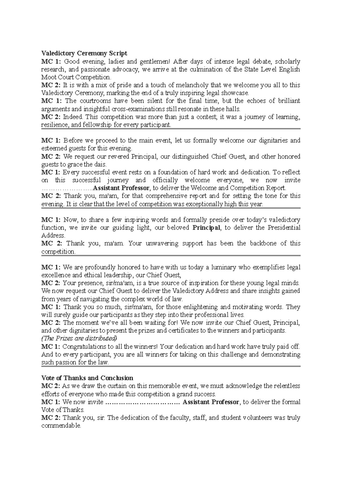 Valedictory Ceremony Script for State Level English Moot Court - Studocu