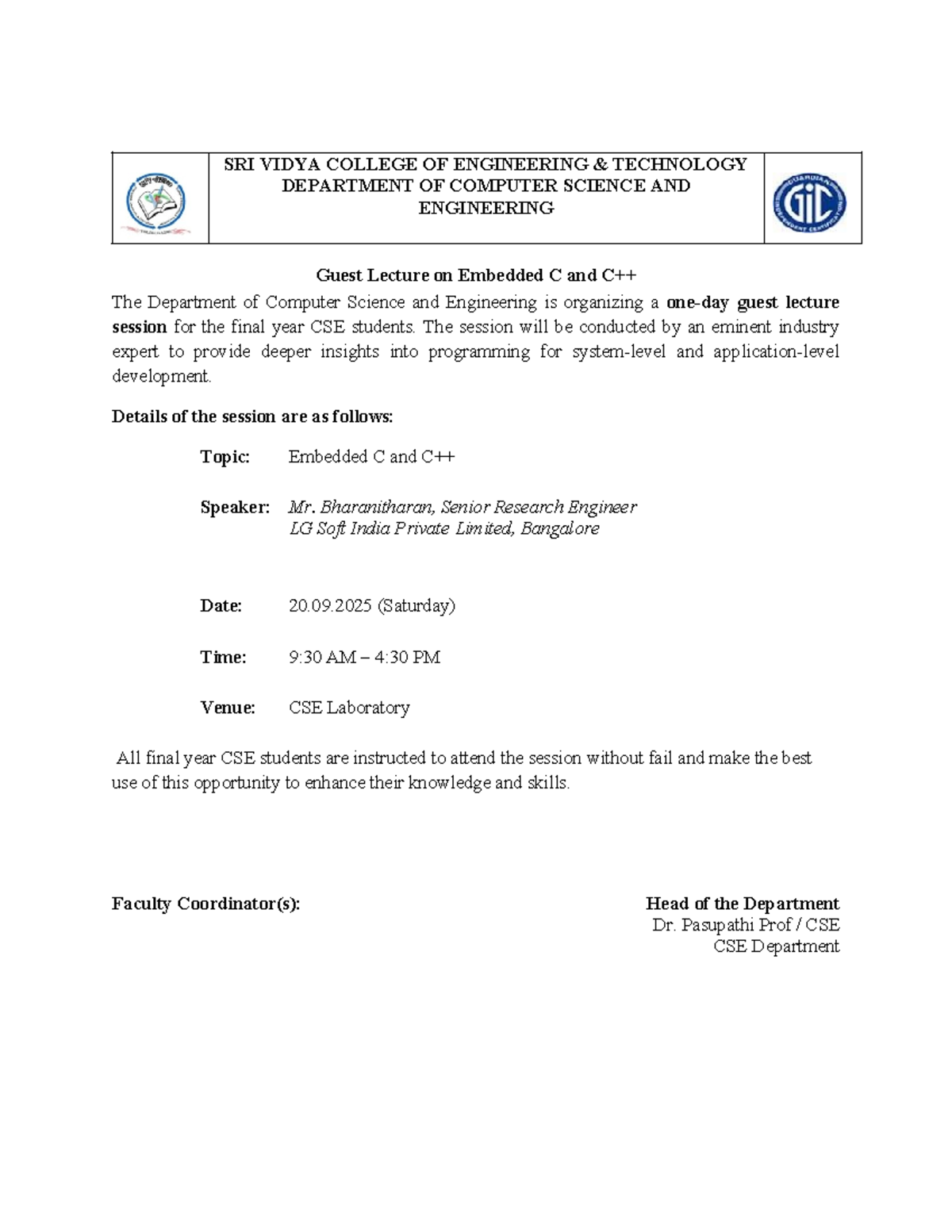 CSE Guest Lecture: Embedded C Insights - 20.09.2025 - Studocu