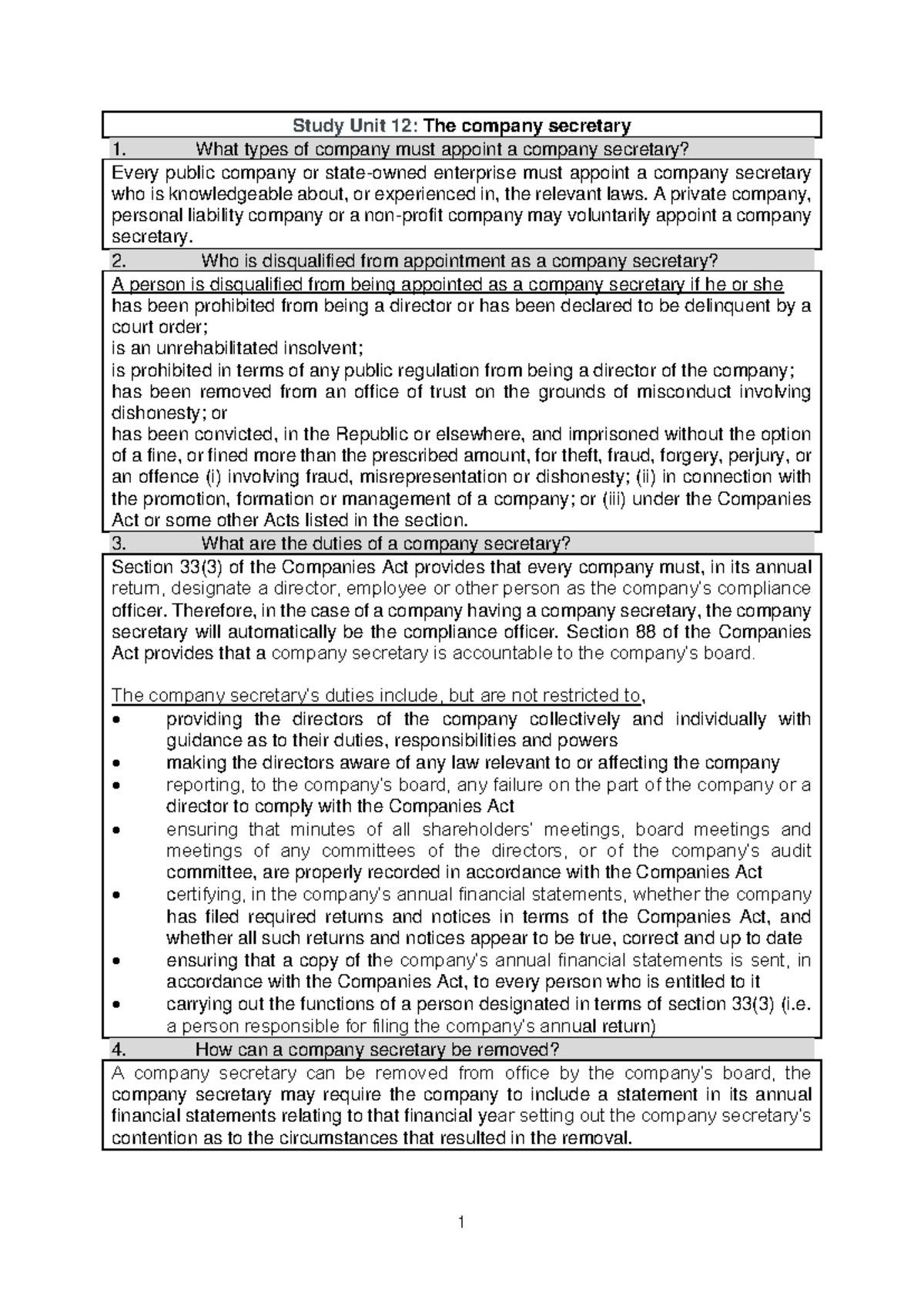 Q AND A SU 12 The company secretary - 1 Study Unit 12: The company ...