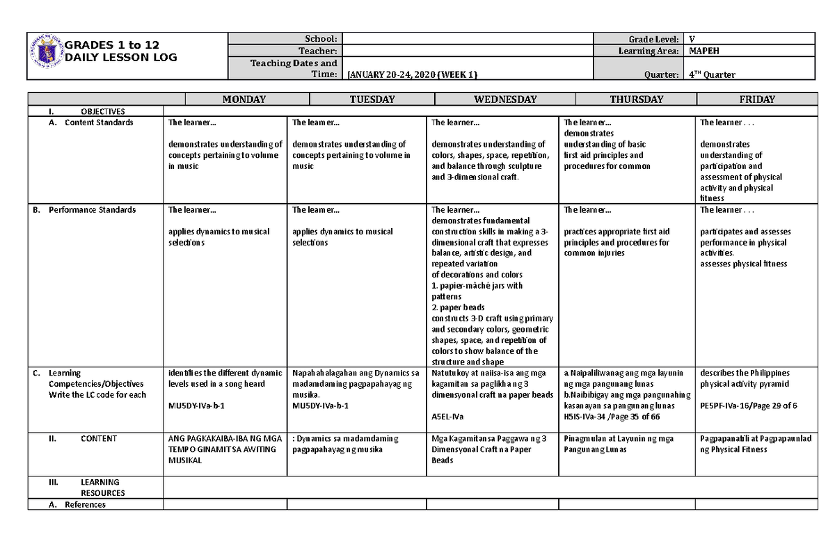 Grade 5 MAPEH DLL Q4 Week 1 Lesson Plans and Activities - Studocu