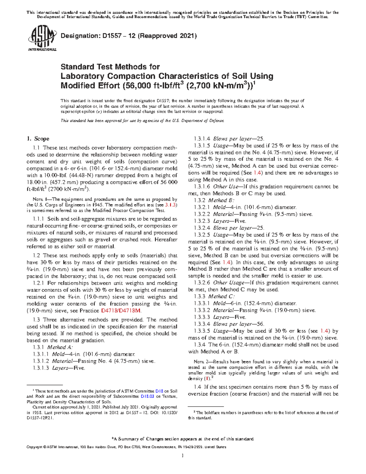 ASTM D1557-12 (2021) Standard Test Methods for Soil Compaction - Studocu