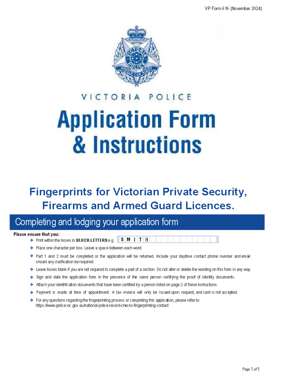 VP616 Fingerprint Submission for Vic Private Security Licences - Studocu