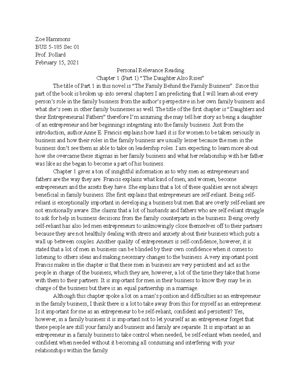 PRR #3 - Personal reading reflection for Professor Rolanda Pollard ...