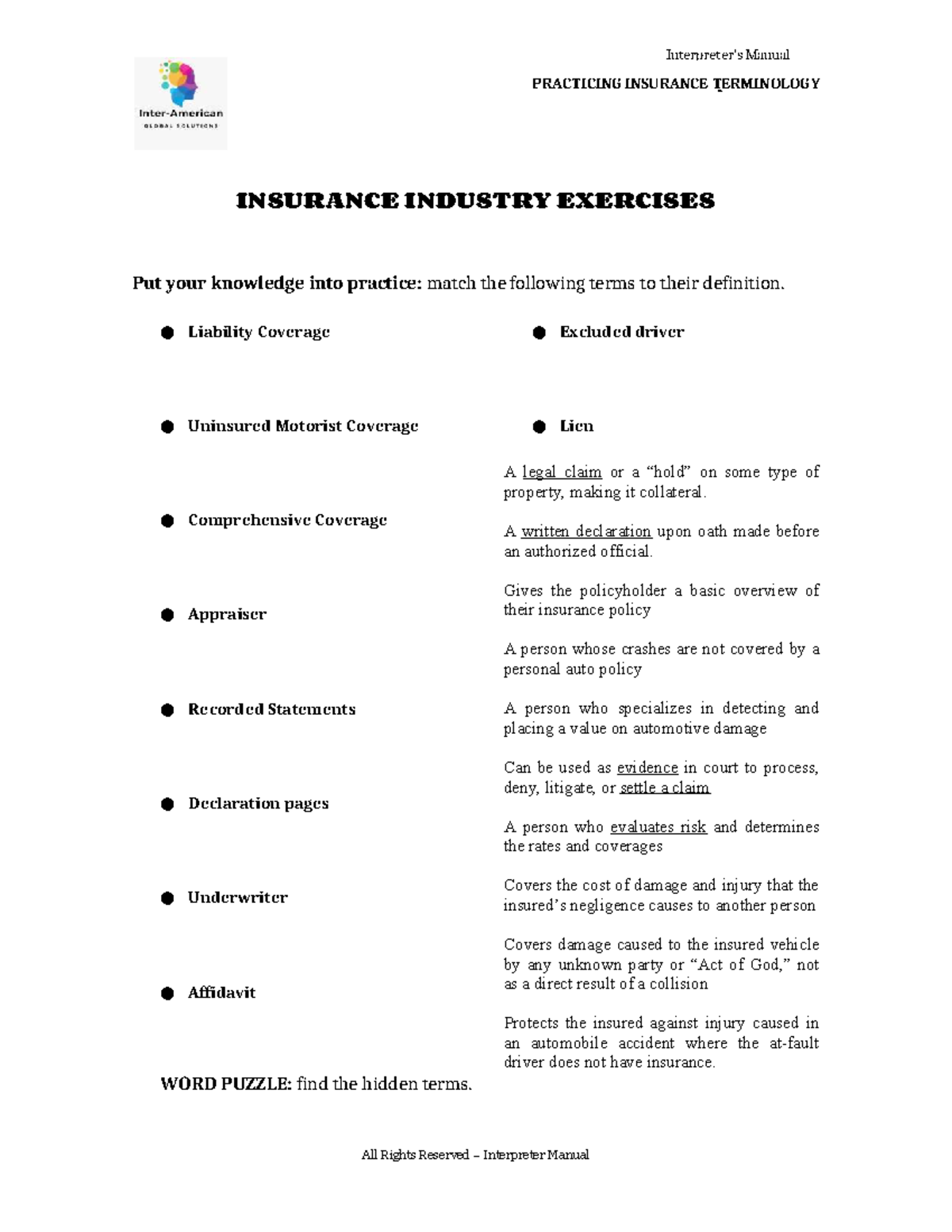 IAGS Manual de Ejercicios sobre Terminología de Seguros - Studocu