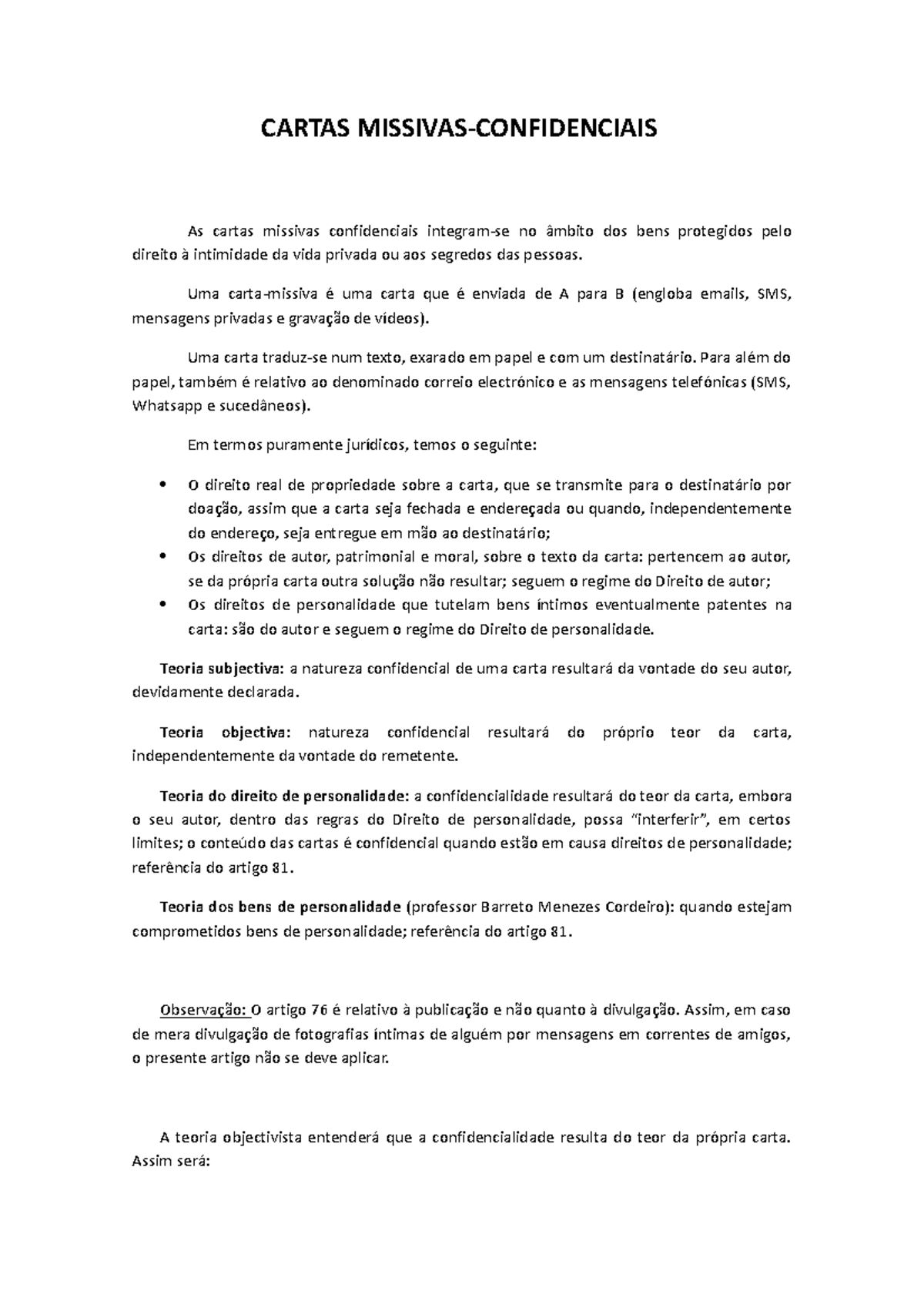 Cartas Missivas Confidenciais: Aspectos Legais e Teóricos - Studocu