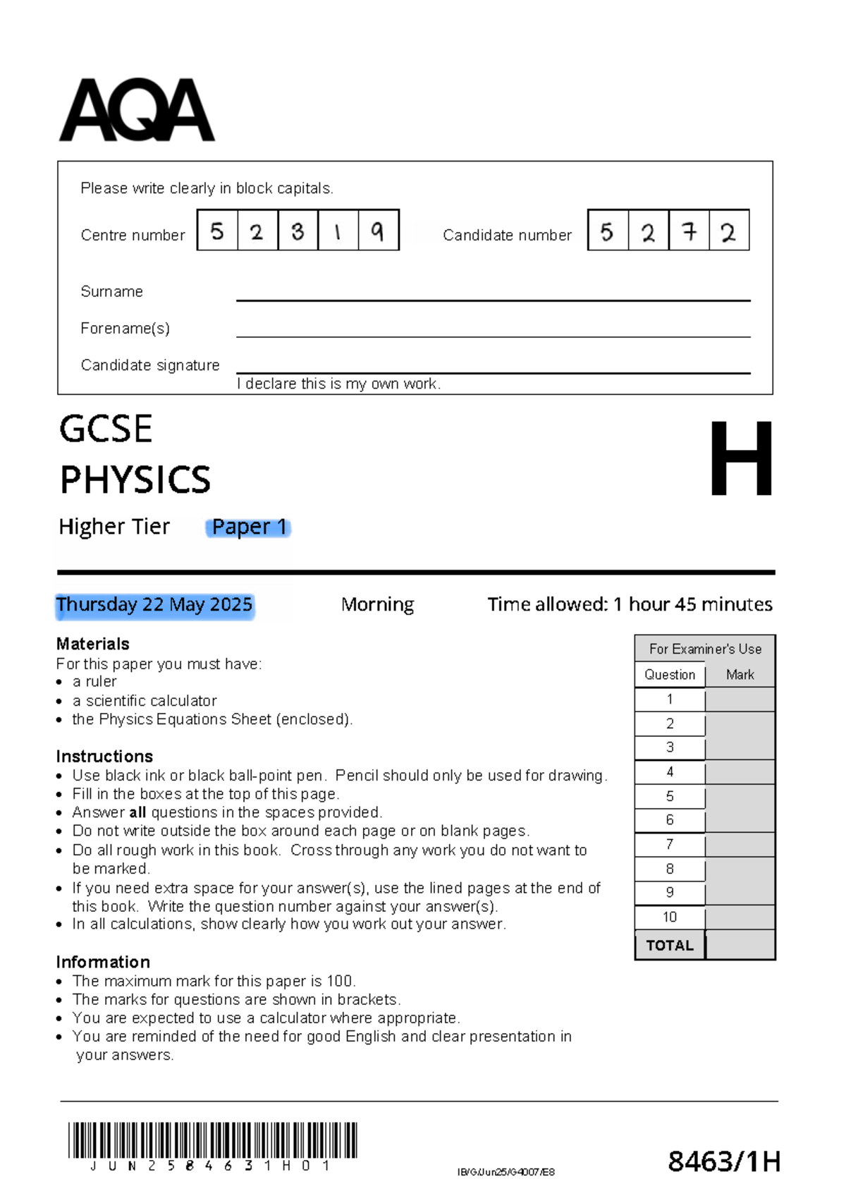 AQA GCSE PHYSICS Higher Tier H Paper 1 Exam Questions - June 2025 - Studocu