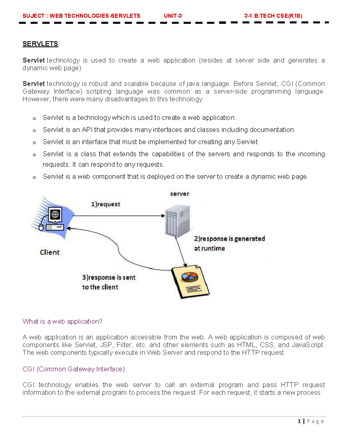 WT - Servlets Btech(R18)-UNIT-3 - SERVLETS Servlet technology is used to create a web ...