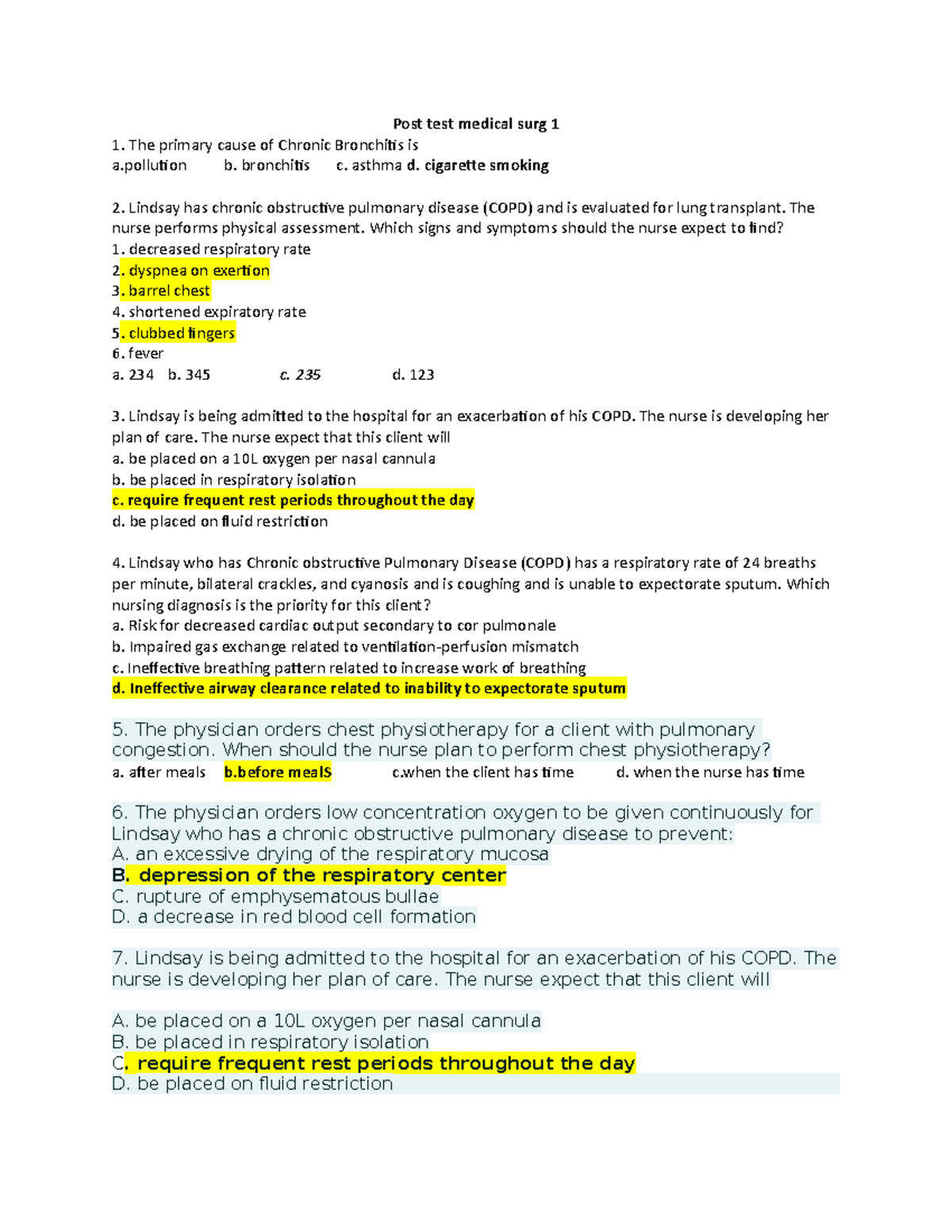 Post-Test for Medical-Surgical Nursing I: COPD and Cardiac Care - Studocu
