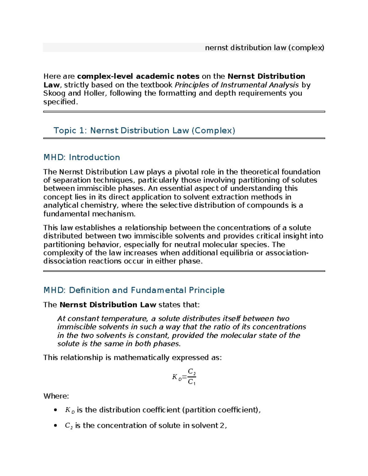 Nernst Distribution Law: Complex Systems in Analytical Chemistry - Studocu