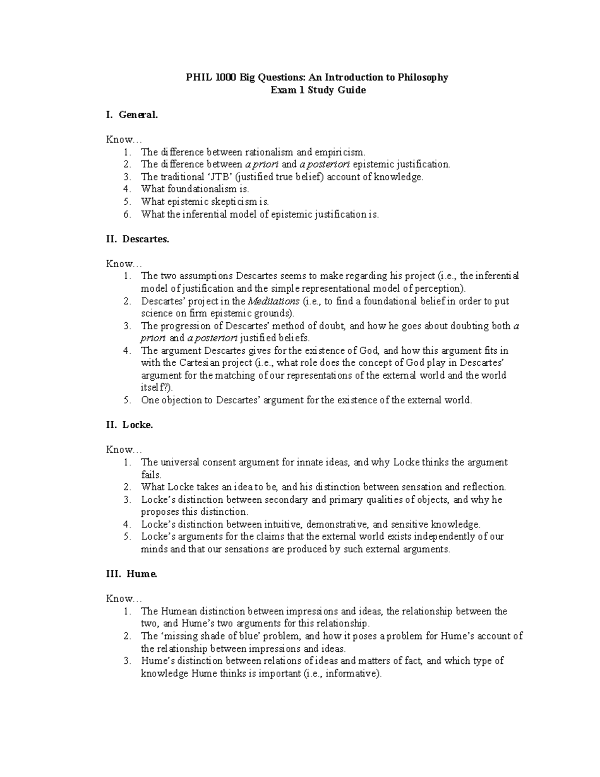PHIL 1000 Exam 1 Study Guide: Key Concepts in Philosophy - Studocu