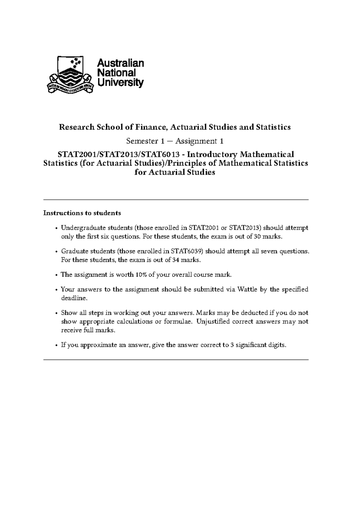 STAT2001/STAT2013 & STAT6039 Semester 1 Assignment 1: Introductory Math ...