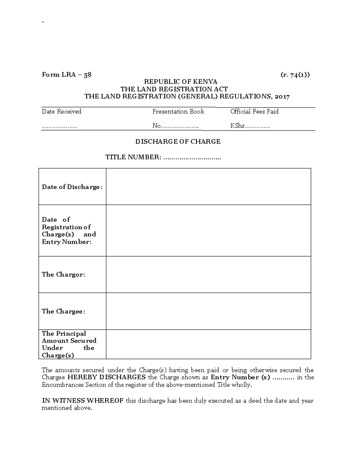 LRA 58 - Form for Discharge of Charge in Land Registration - Studocu