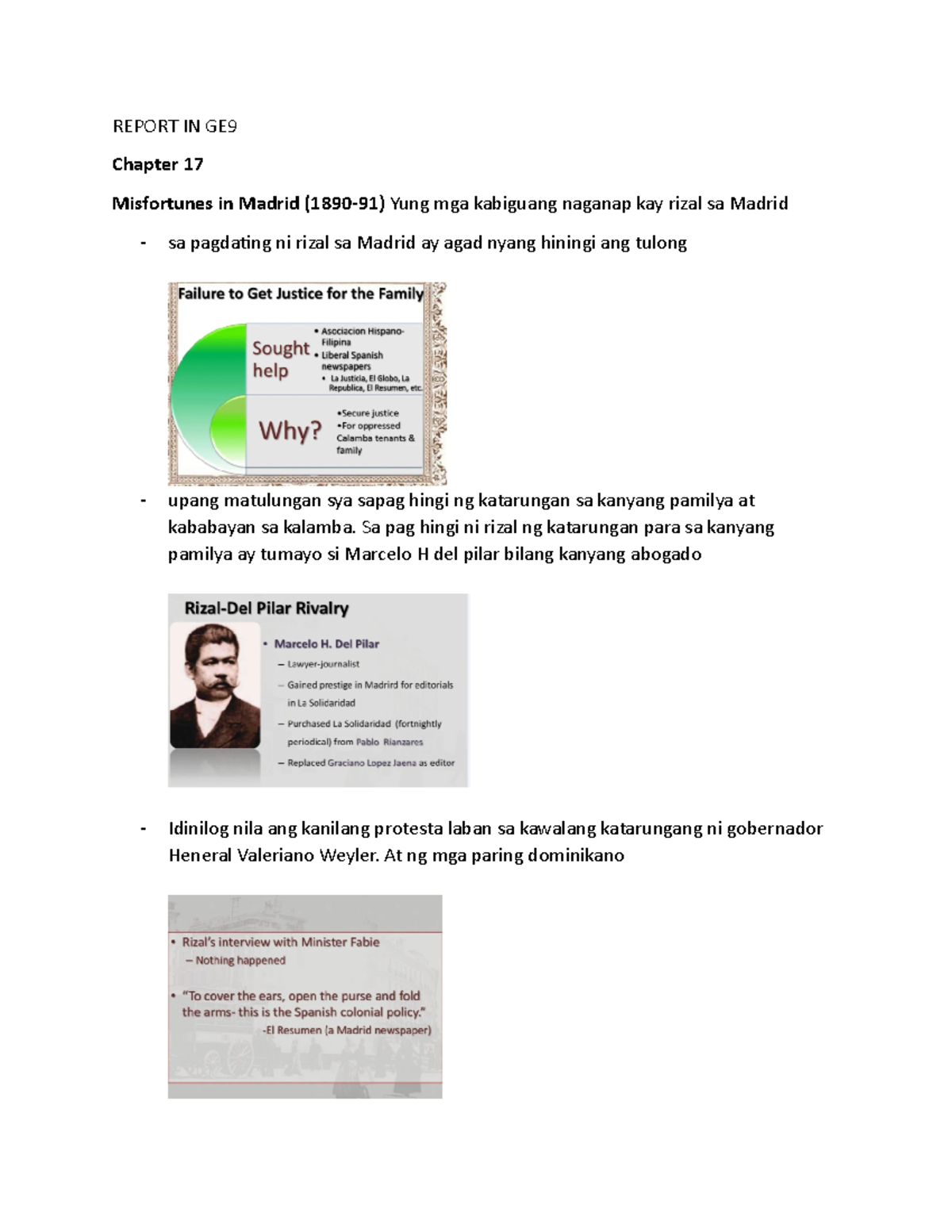 Report IN GE9 sumaary of all report in rizal - REPORT IN GE Chapter 17 Misfortunes in Madrid ...