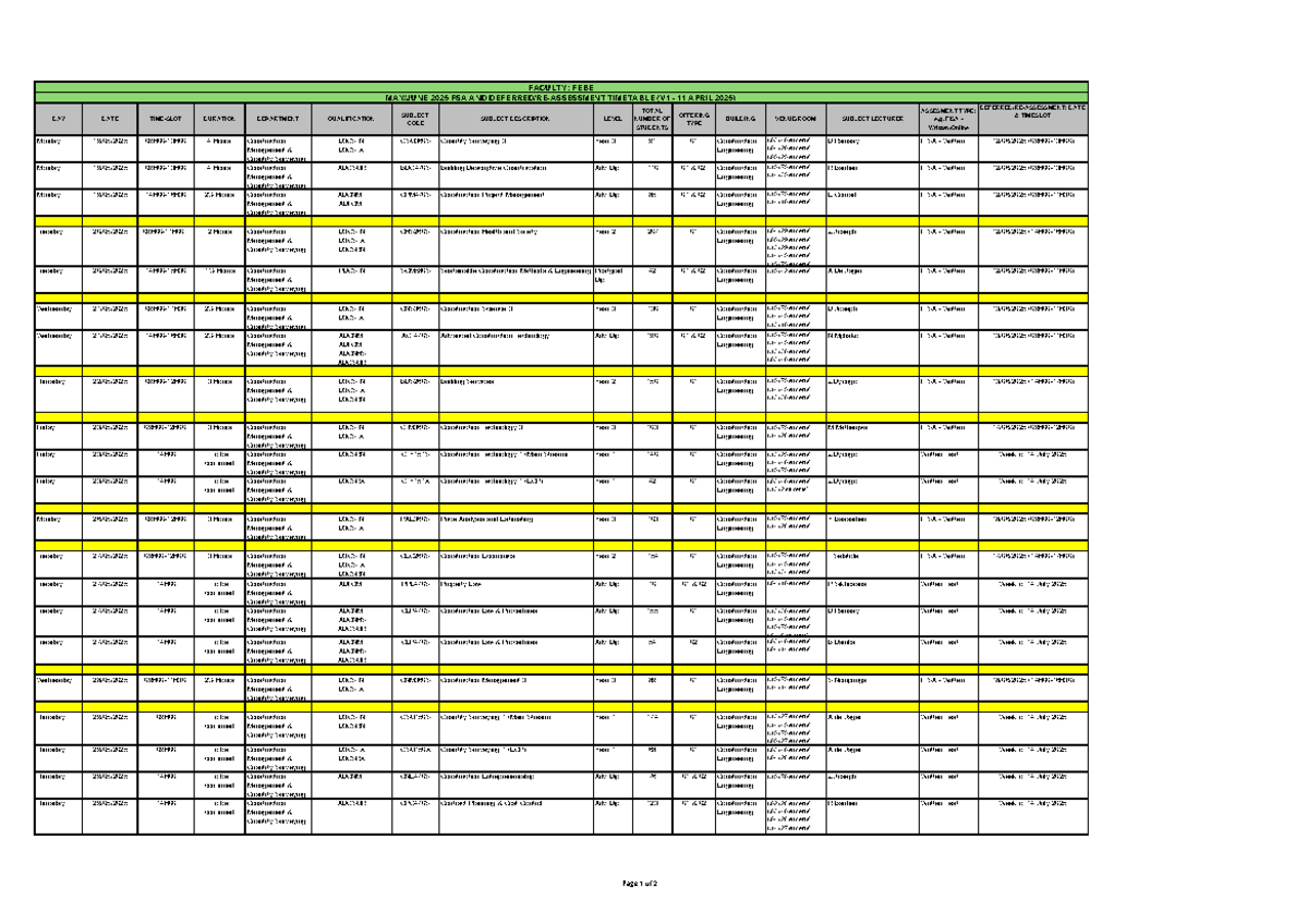 CMQS 2025 Assessment Timetable for Construction Engineering Courses - Studocu
