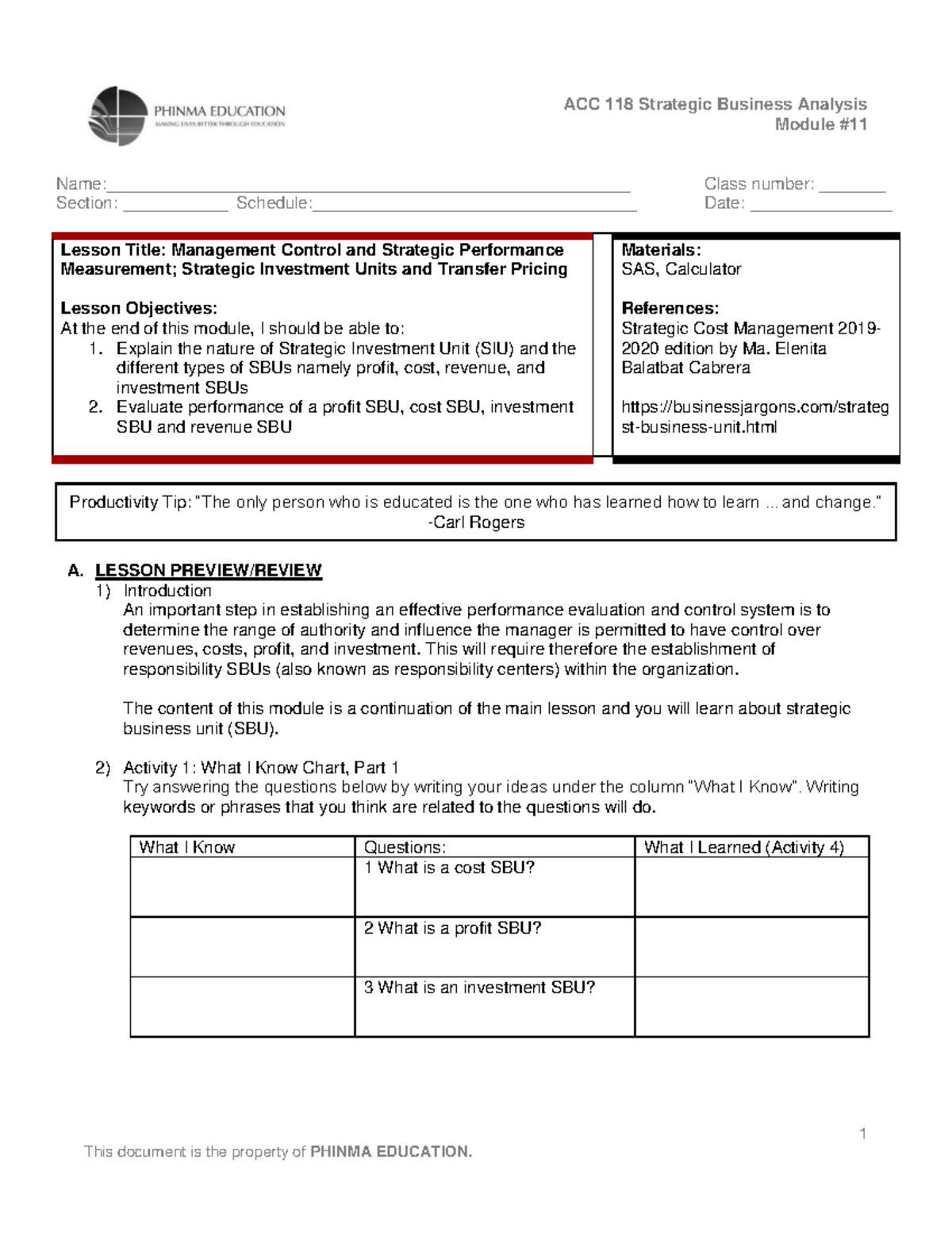 ACC 118 Lesson: Management Control & Strategic Performance Analysis ...