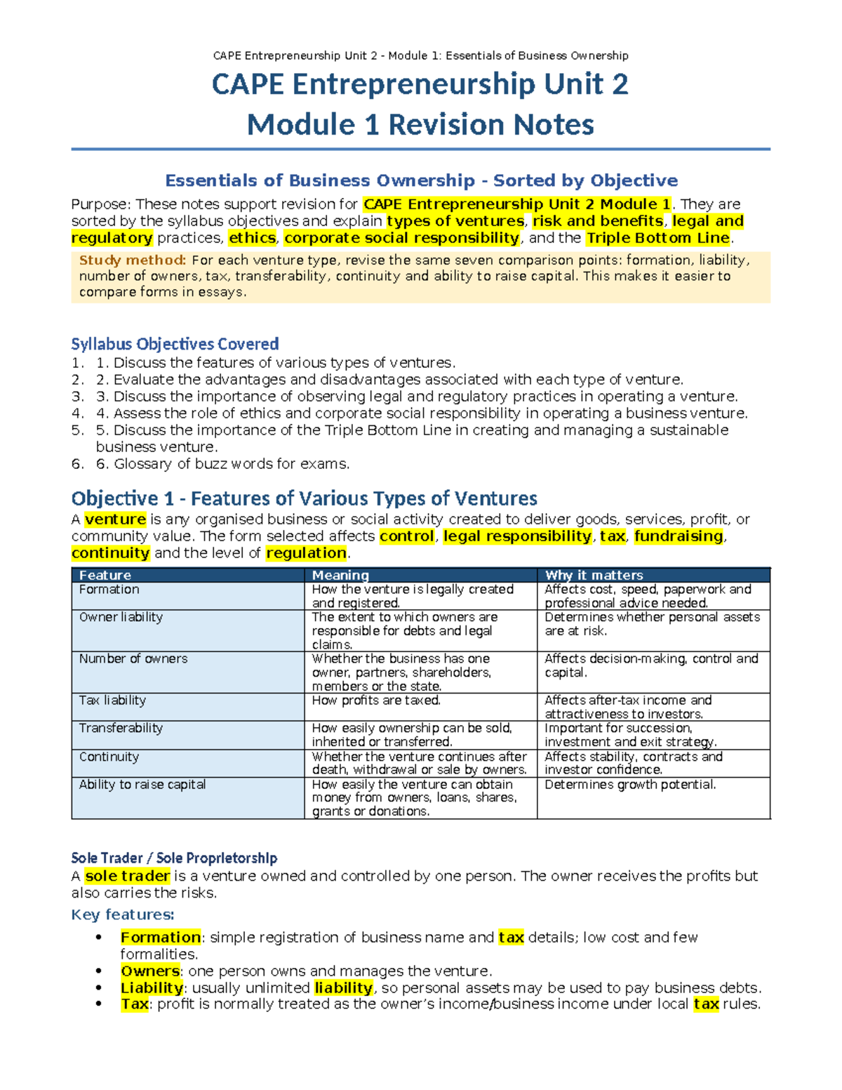 CAPE Entrepreneurship Unit 2 Module 1: Business Ownership Revision ...