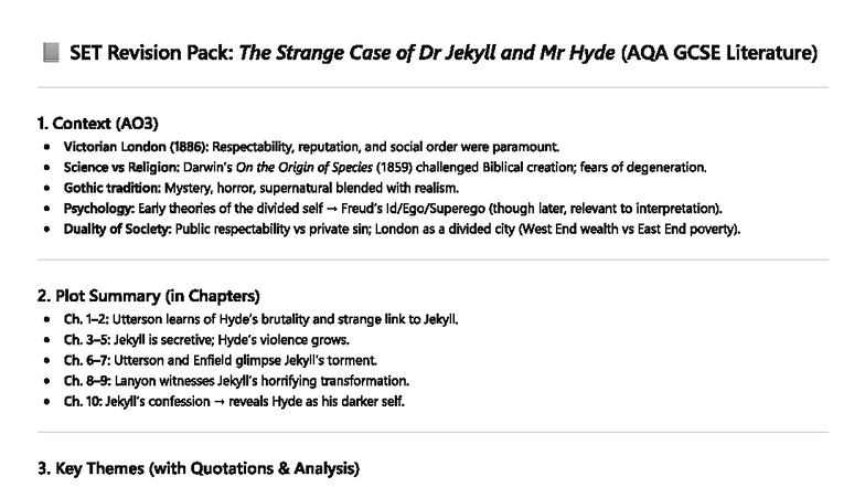SET Revision Pack: Dr Jekyll & Mr Hyde Analysis (AQA GCSE Lit) - Studocu