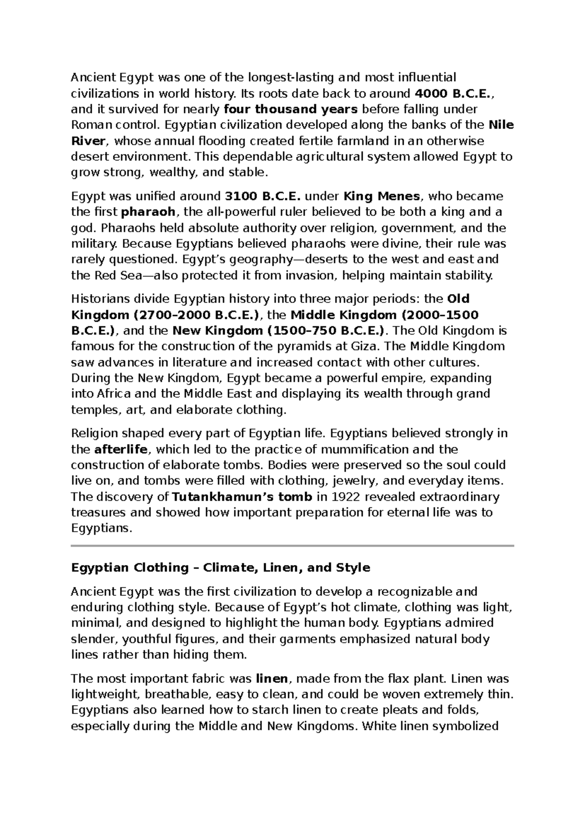 Ancient Egypt: Civilization, Culture, and Clothing Insights - Studocu