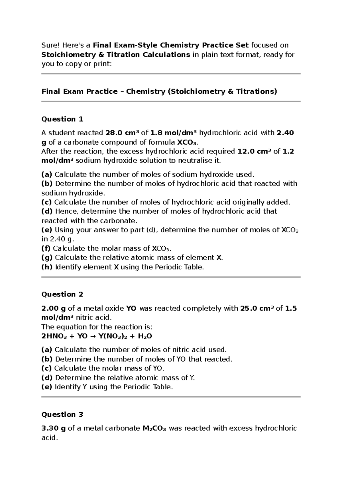 Final Exam Practice Set: Chemistry (Stoichiometry & Titrations) - Studocu