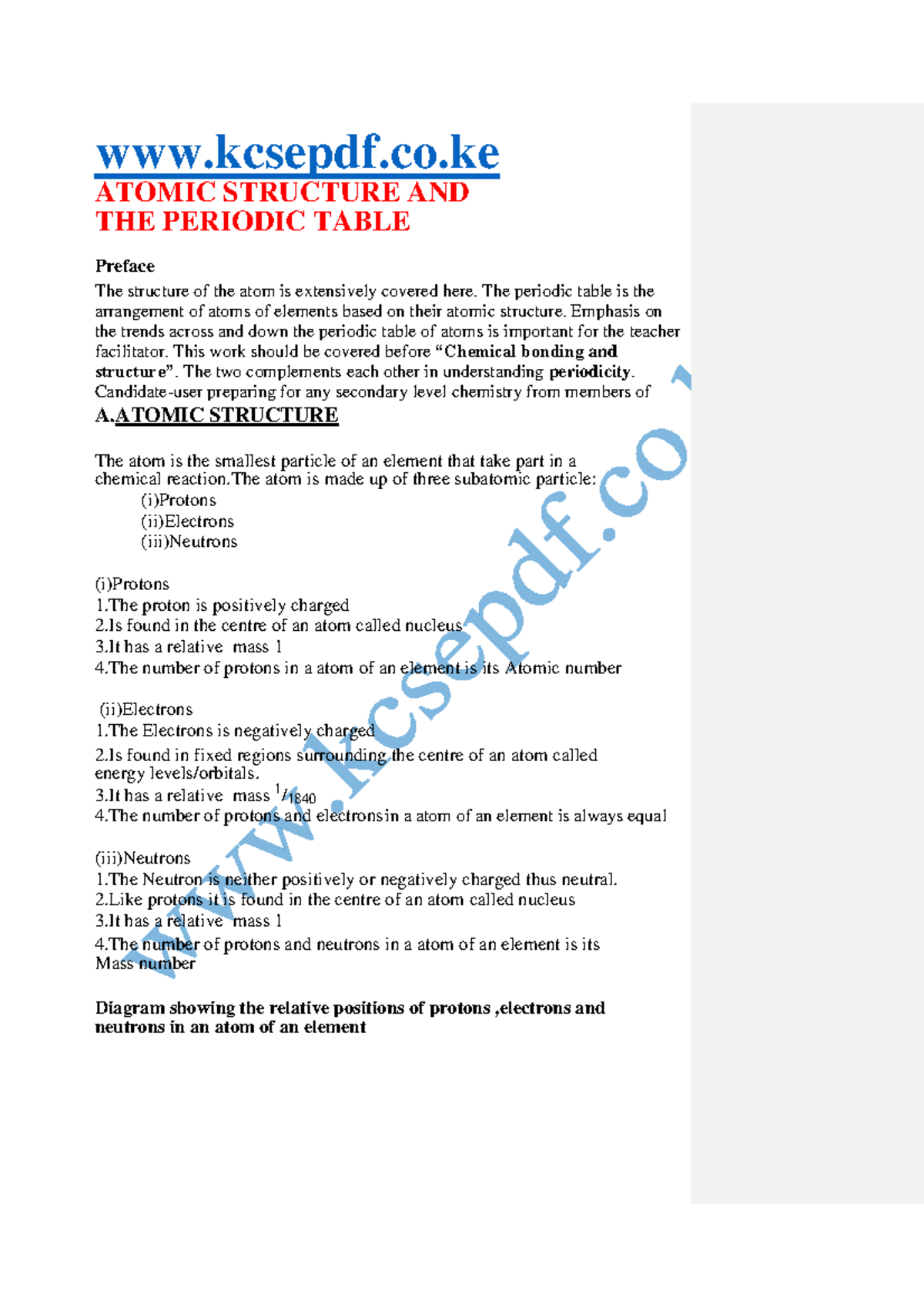 KCSE Form 2 Chemistry Notes: Atomic Structure & Periodic Table - Studocu