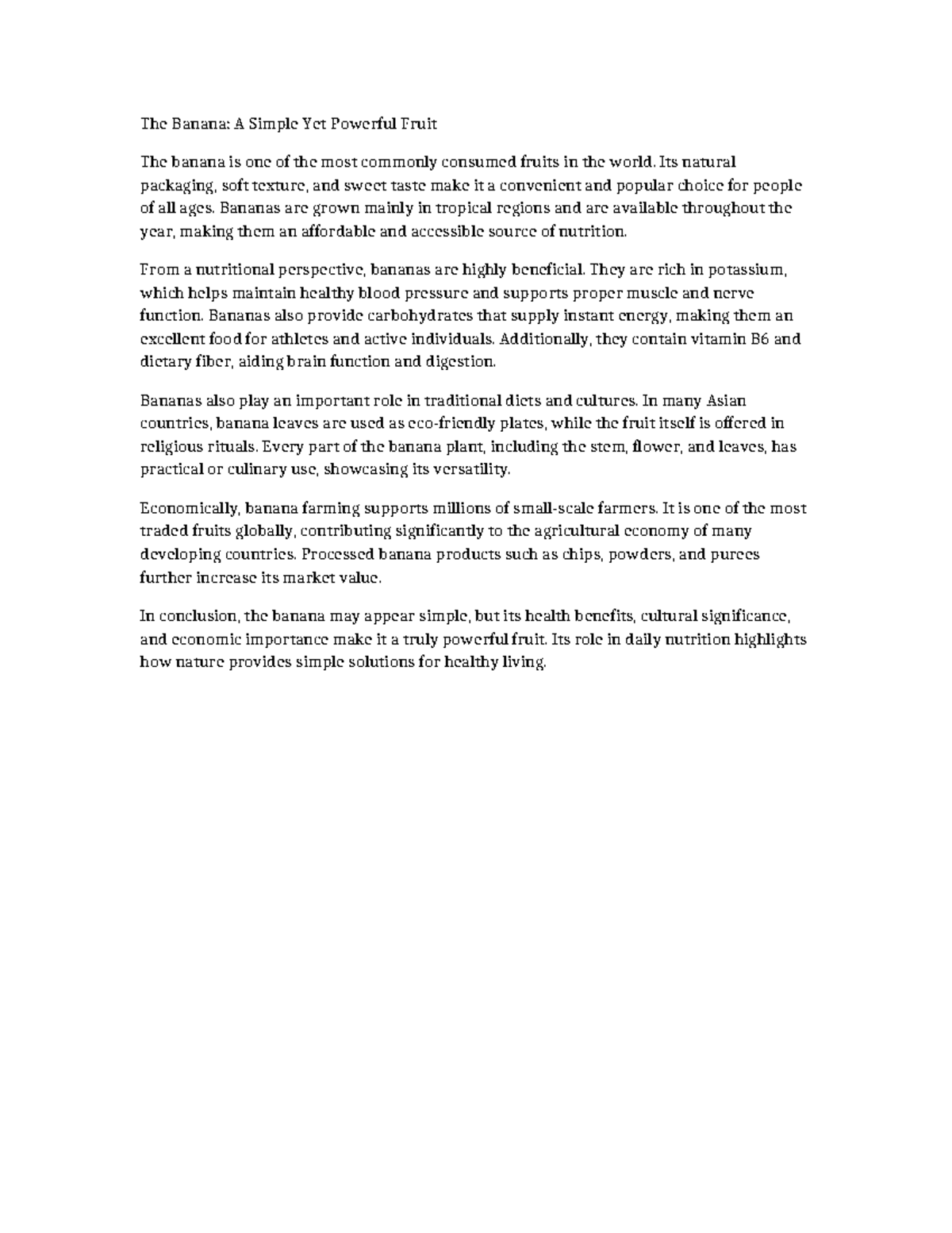 Banana Essay: Exploring the Nutritional and Cultural Significance - Studocu