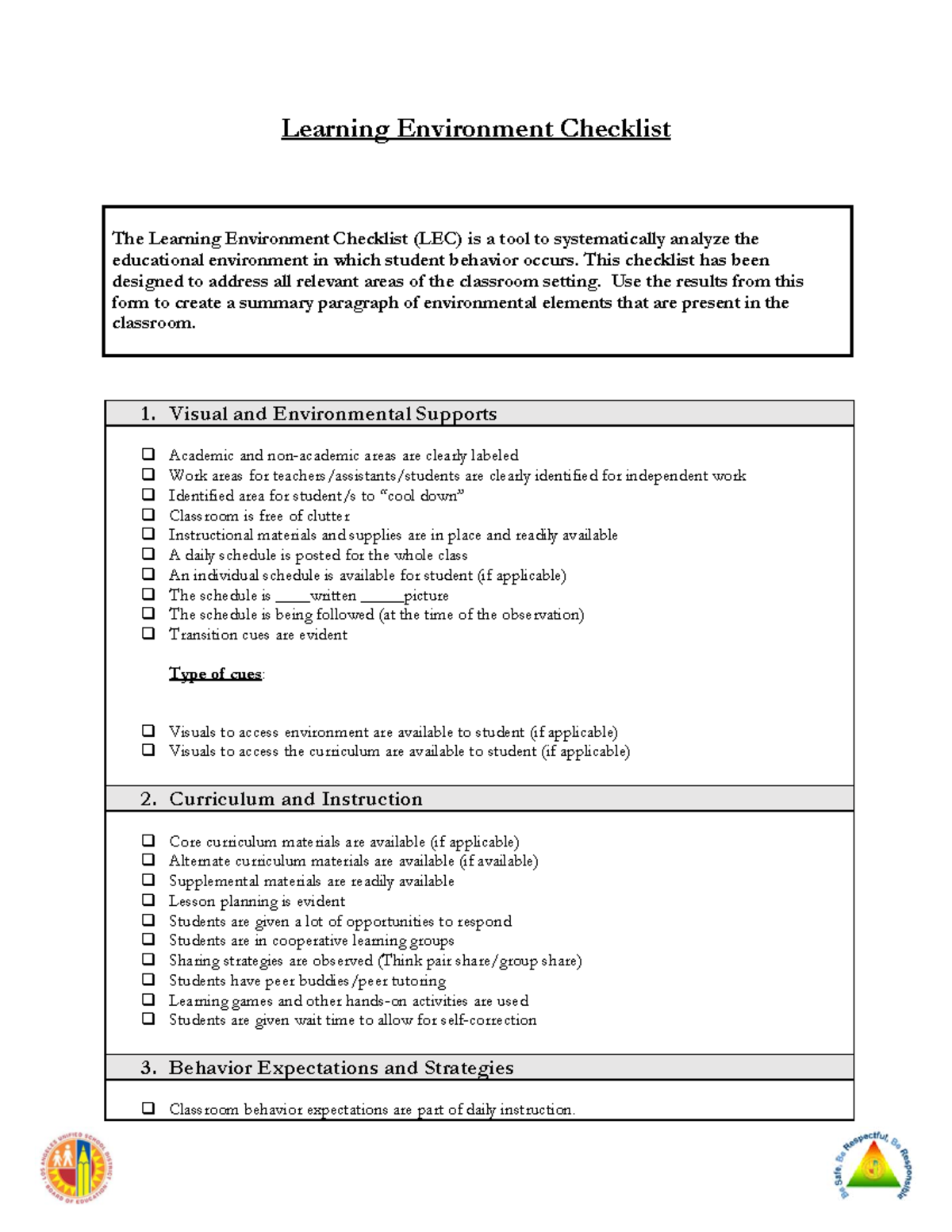 Learning Environment Checklist (LEC): Analyzing Classroom Dynamics ...