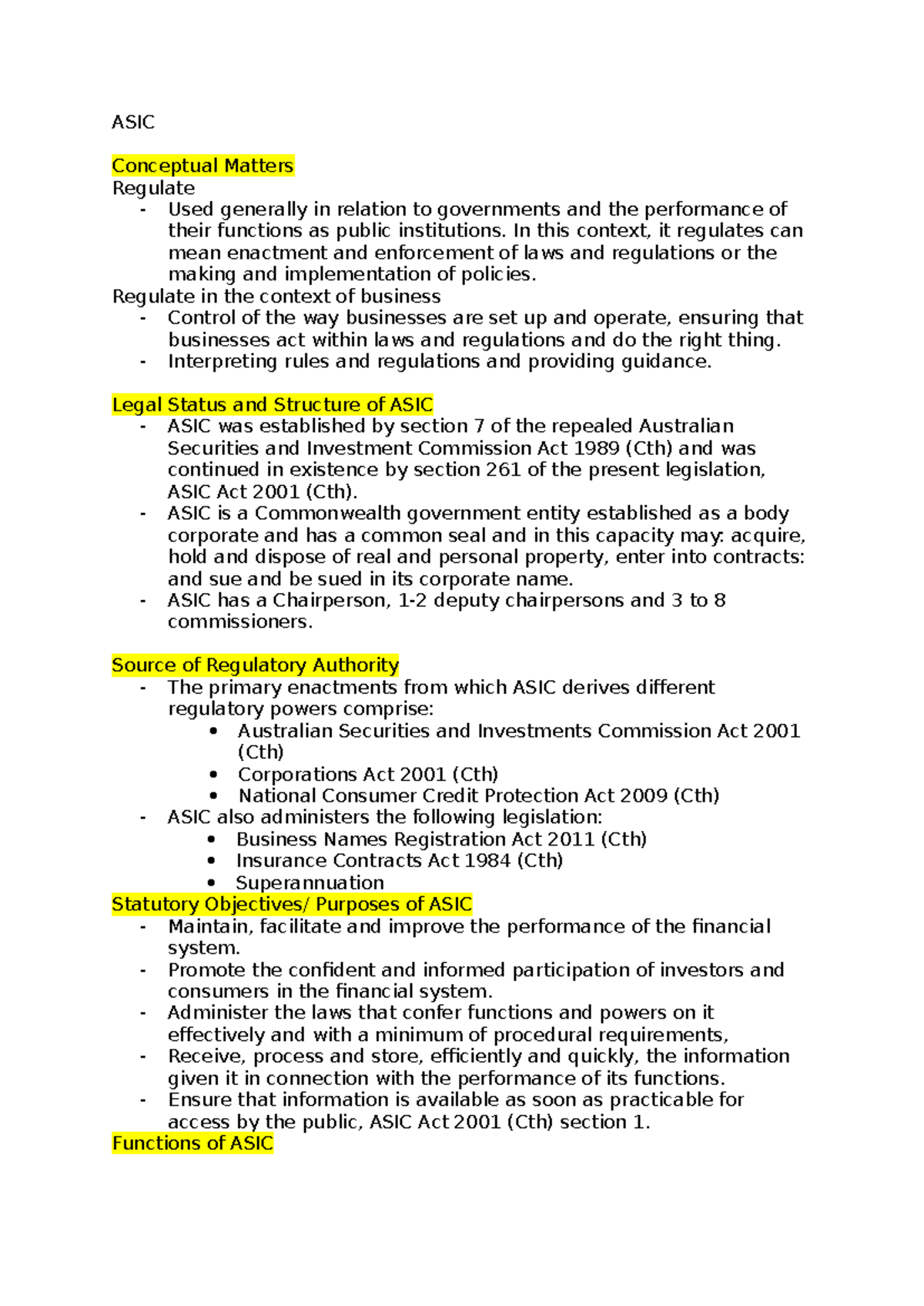 ASIC Notes - Summary of Business Law Concepts and Regulations - Studocu