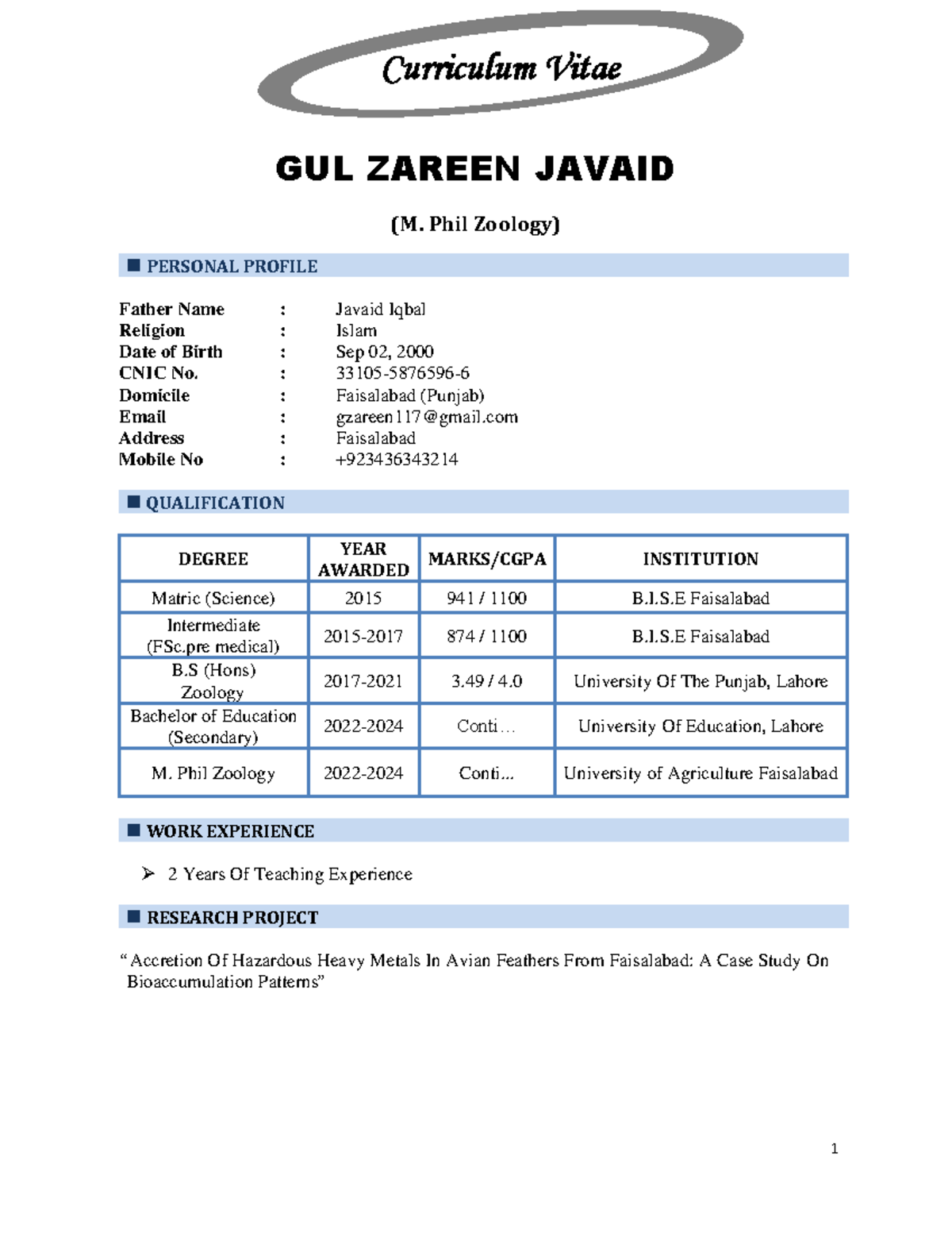 GUL Zareen Javaid (cv) - For help - 1 Curriculum Vitae GUL ZAREEN ...