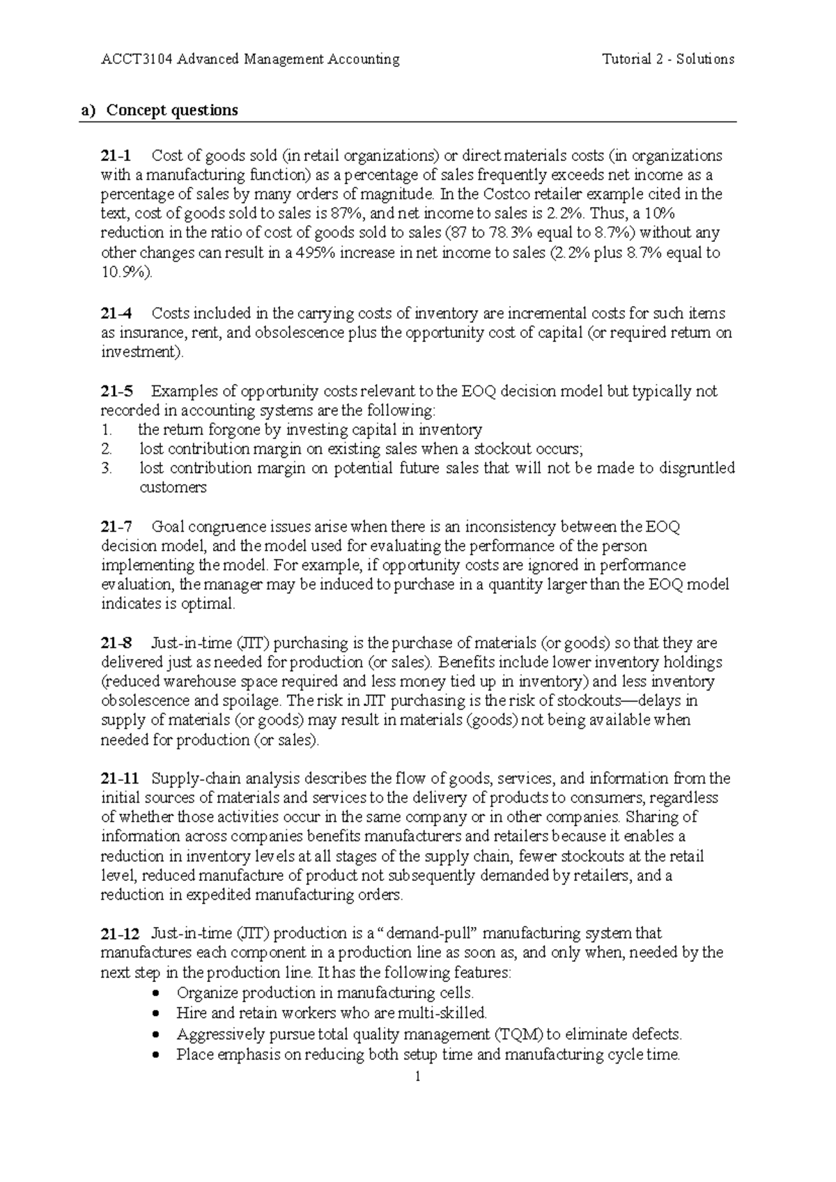 ACCT3104 Advanced Management Accounting Tutorial 2 Solutions Overview ...