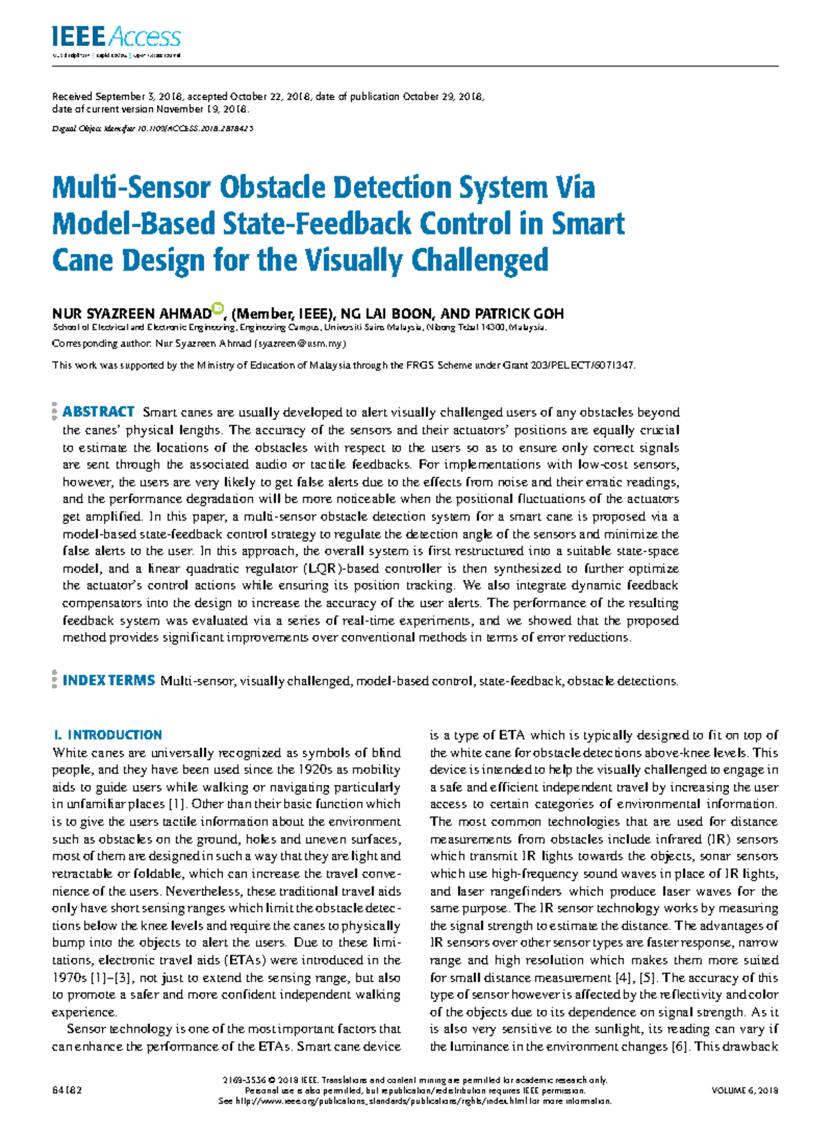 Multi-Sensor Obstacle Detection System via Control in Smart Cane Design ...