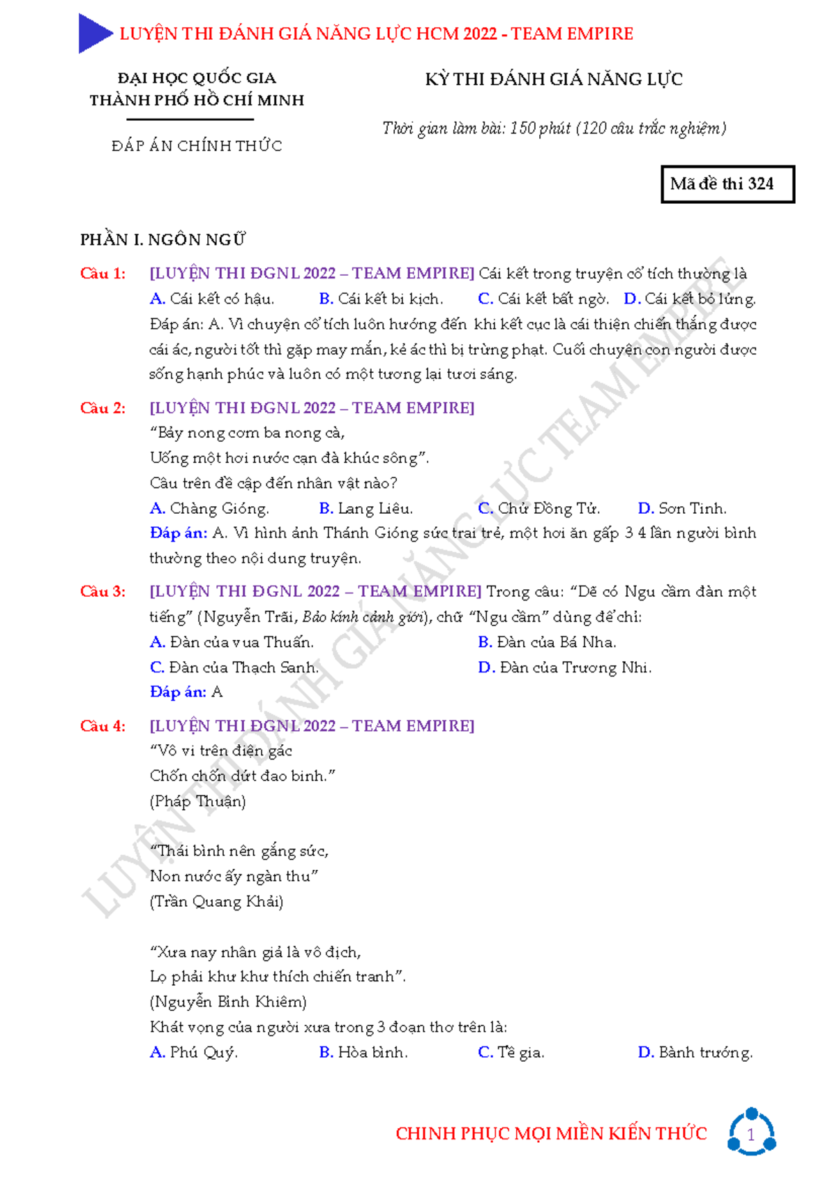 LUYỆN THI ĐÁNH GIÁ NĂNG LỰC HCM 2022 TEAM EMPIRE - ĐÁP ÁN CHÍNH THỨC ...