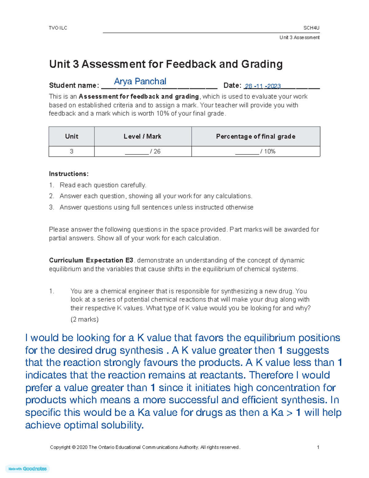 Gr.12 Chemistry - Unit 3 Equilibrium Assessment and Feedback - Studocu