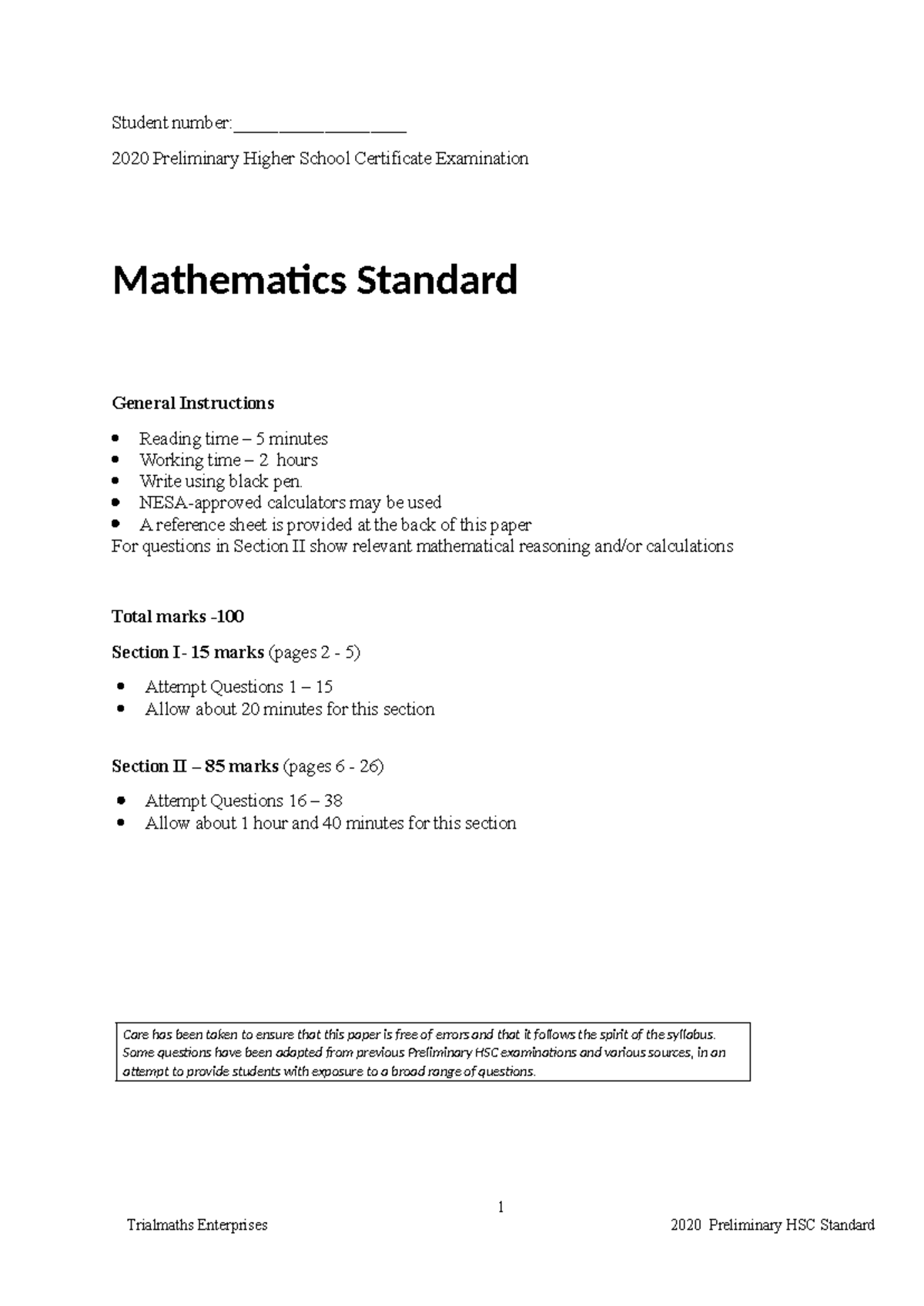 2020 Preliminary HSC Mathematics Standard Exam Questions - Studocu