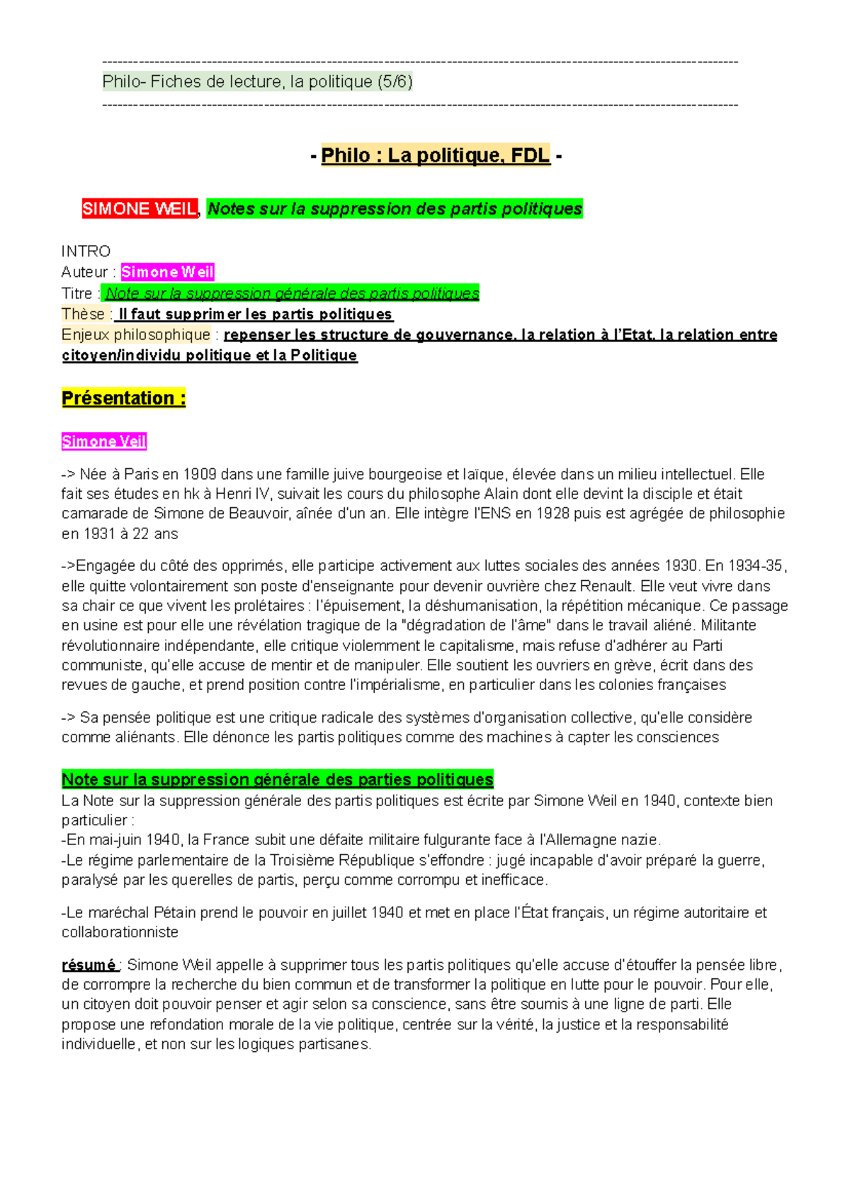 Fiches de Lecture : La Politique selon Simone Weil - Notes et Révisions ...