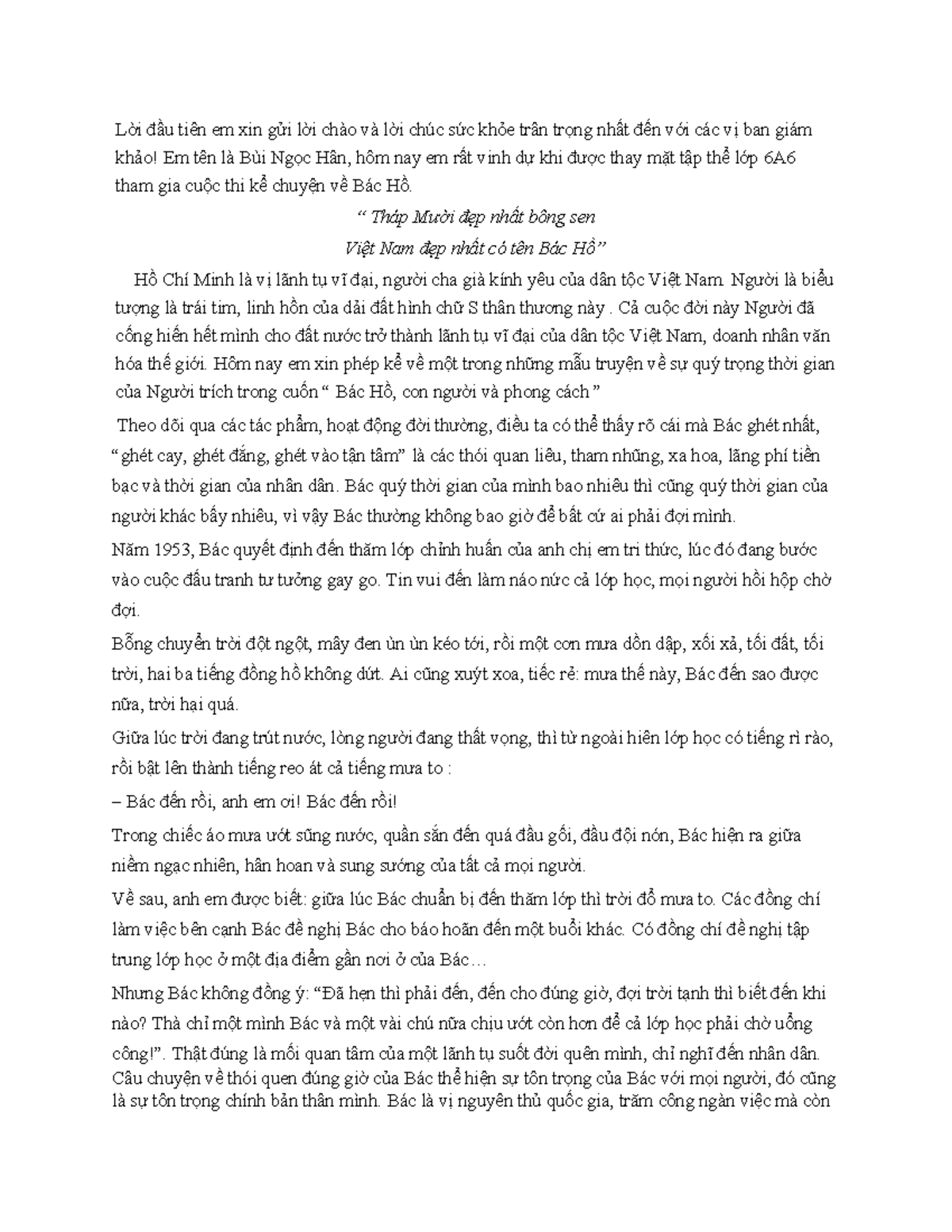 Bài Dự Thi Kể Chuyện Về Bác Hồ - Lớp 6A6 - Studocu