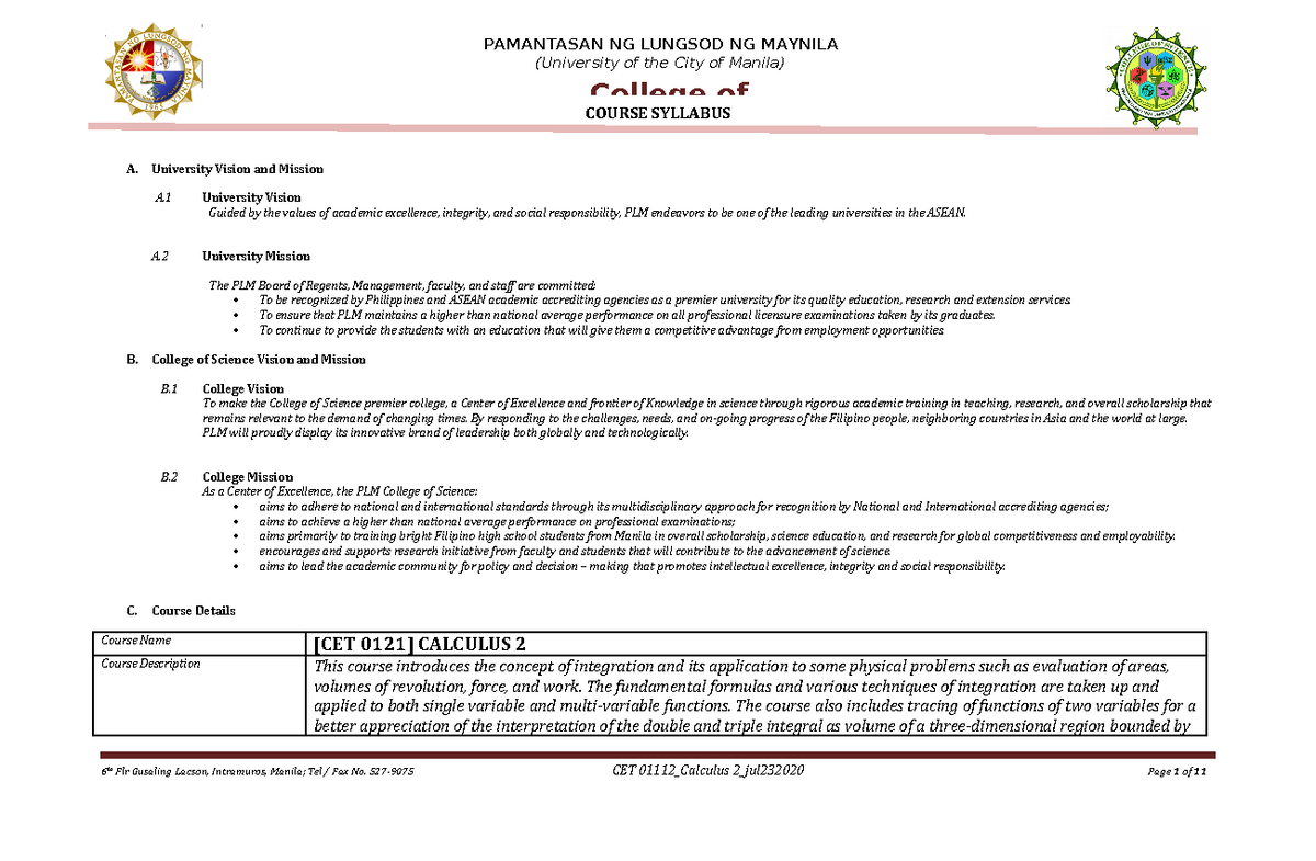 CET 0121 Calculus 2 - syllabus - A. University Vision and Mission A ...