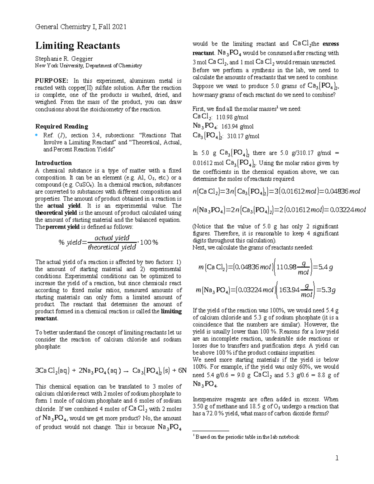 General Chemistry I (CHEM 101) Lab 4: Limiting Reactants Experiment ...