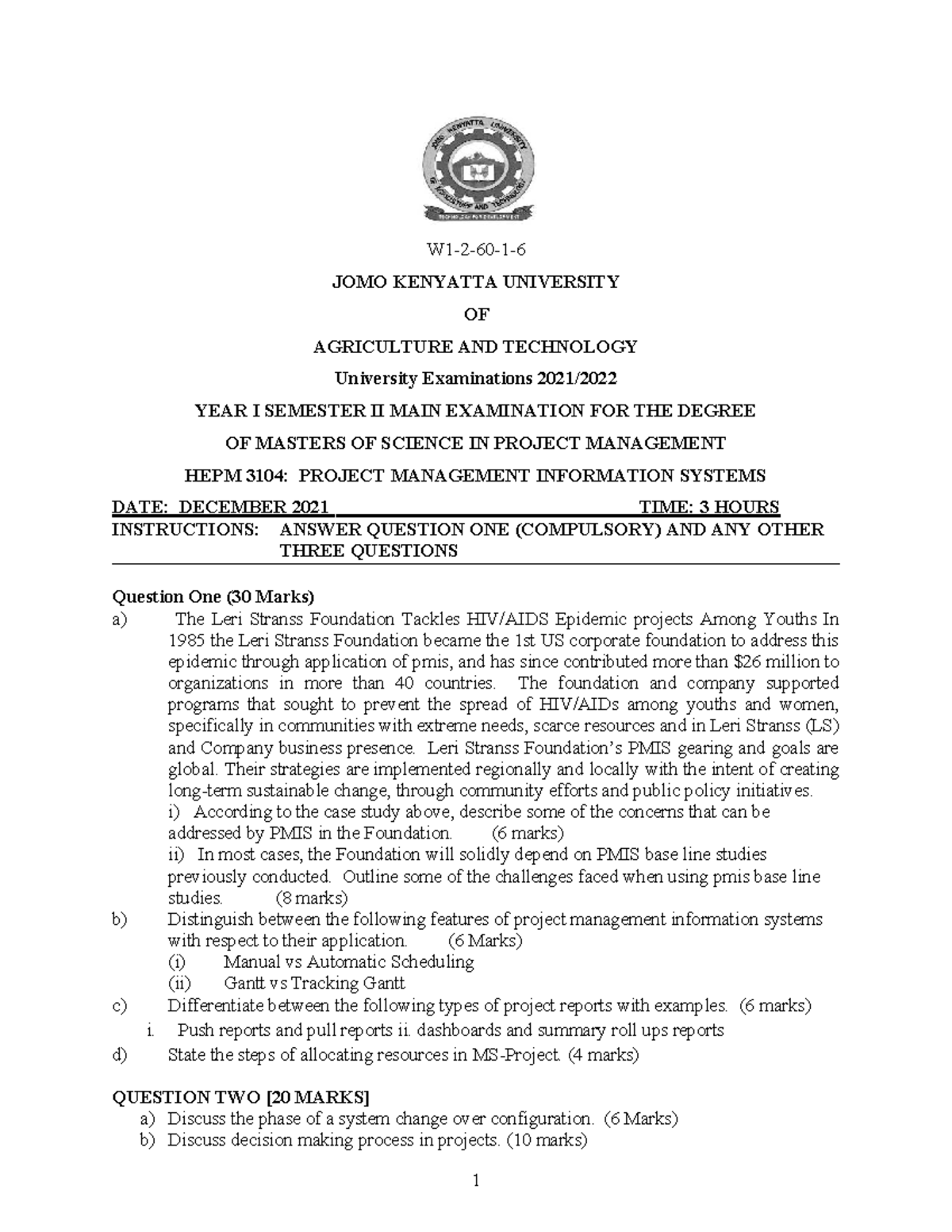 HEPM 3104: Project Management Information Systems Past Paper Exam - Studocu