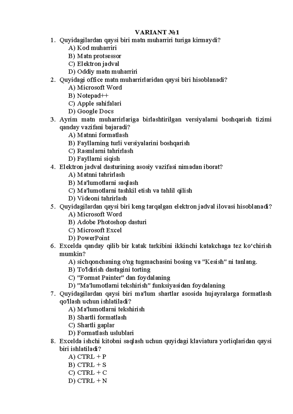 IT 101: Matn Muharrirlari va Elektron Jadval Dasturlari - Variant №1 ...