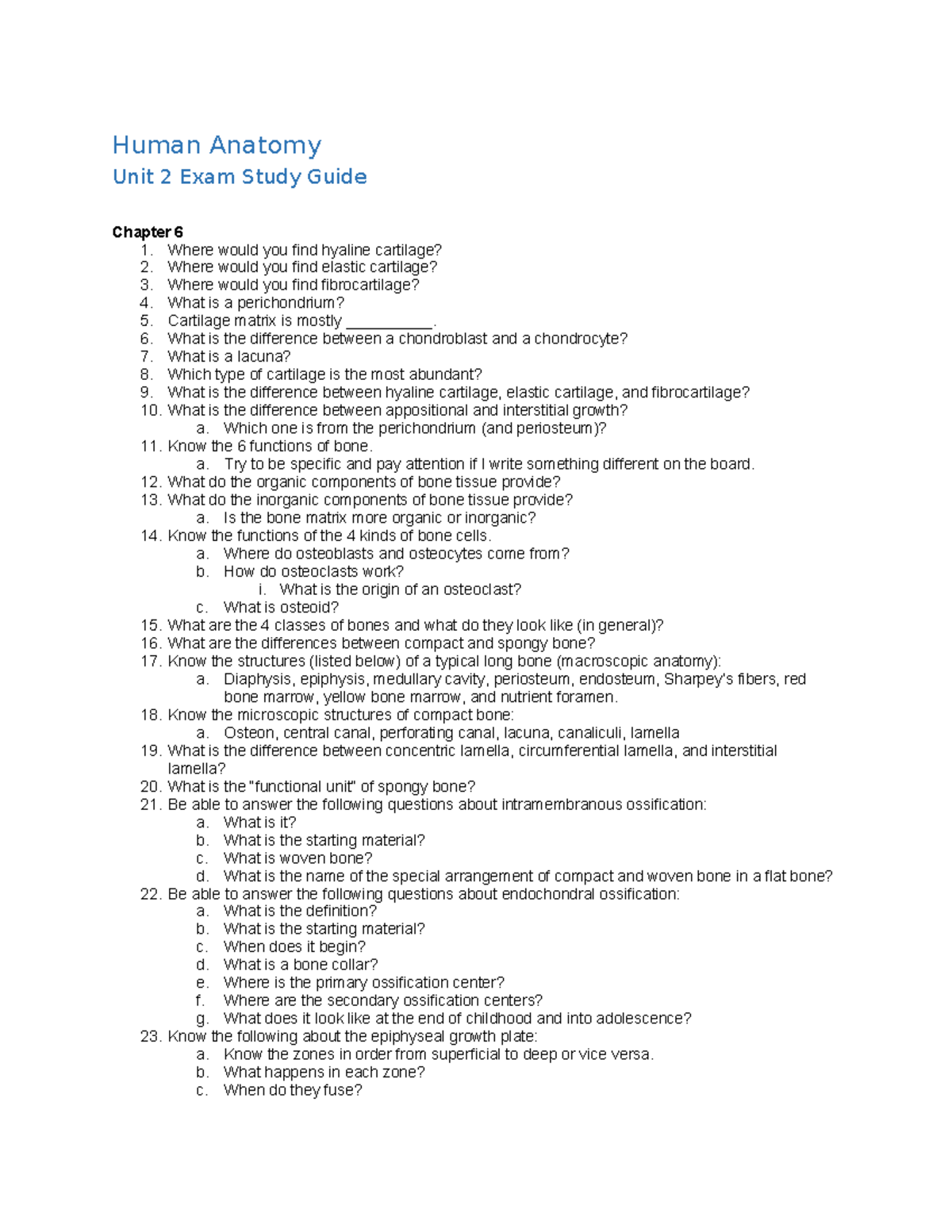 Human Anatomy Unit 2 Exam Study Guide: Chapters 6, 9, 10, 11 Insights ...